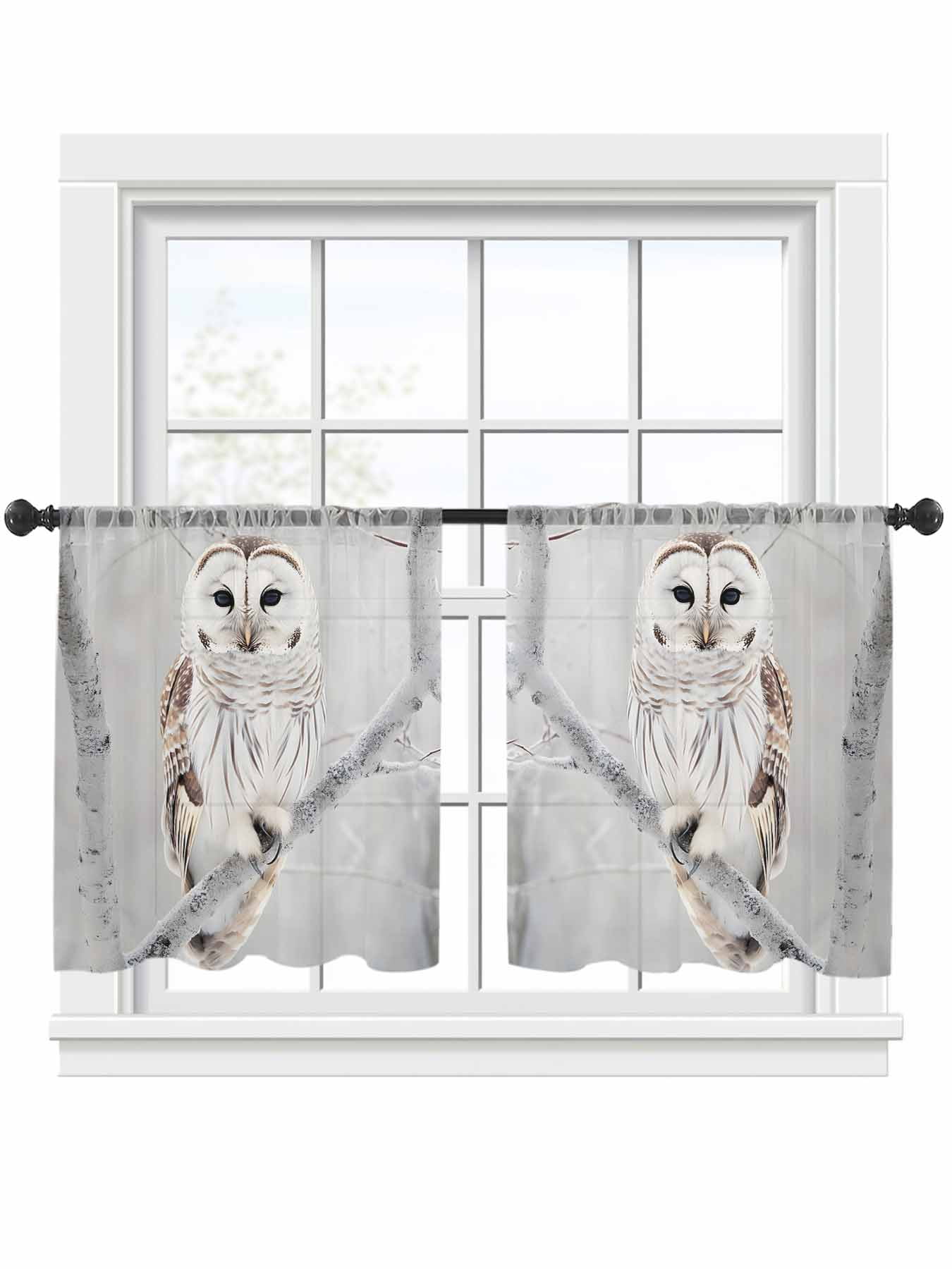 Owl Sheer Curtains 54 Inch Long 2 Panels, Cute White Owl Perch On Tree Branch Snow Forest Light ...