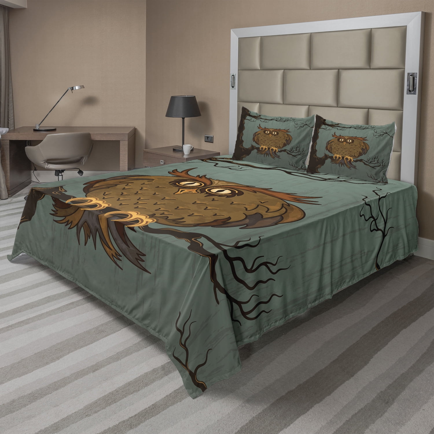 Ambesonne Animal Fitted & Top Sheet Set with Shams, Tired Owl on Oak ...