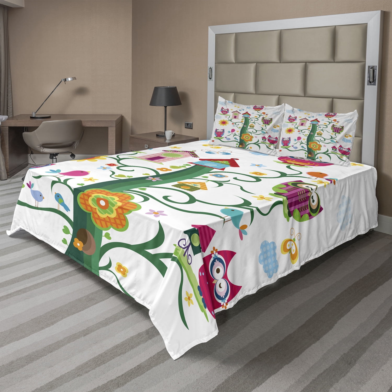Ambesonne Colorful Fitted & Top Sheet Set with Shams, Owls on Tree with ...