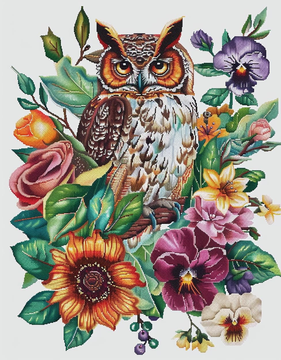an Owl Sitting on Colorful Flowers DIY 11CT Stamped Cross Stitch Kits ...