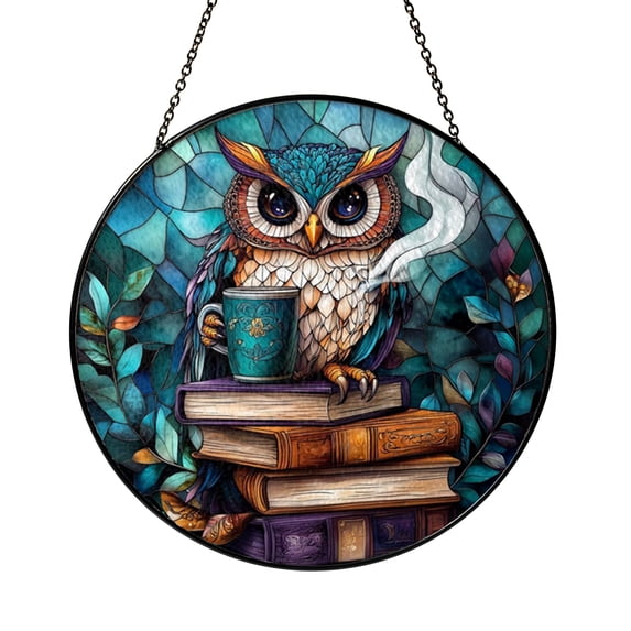 Owl Stained Glass Suncatcher – Books and Coffee Reading Nook Window Art ...