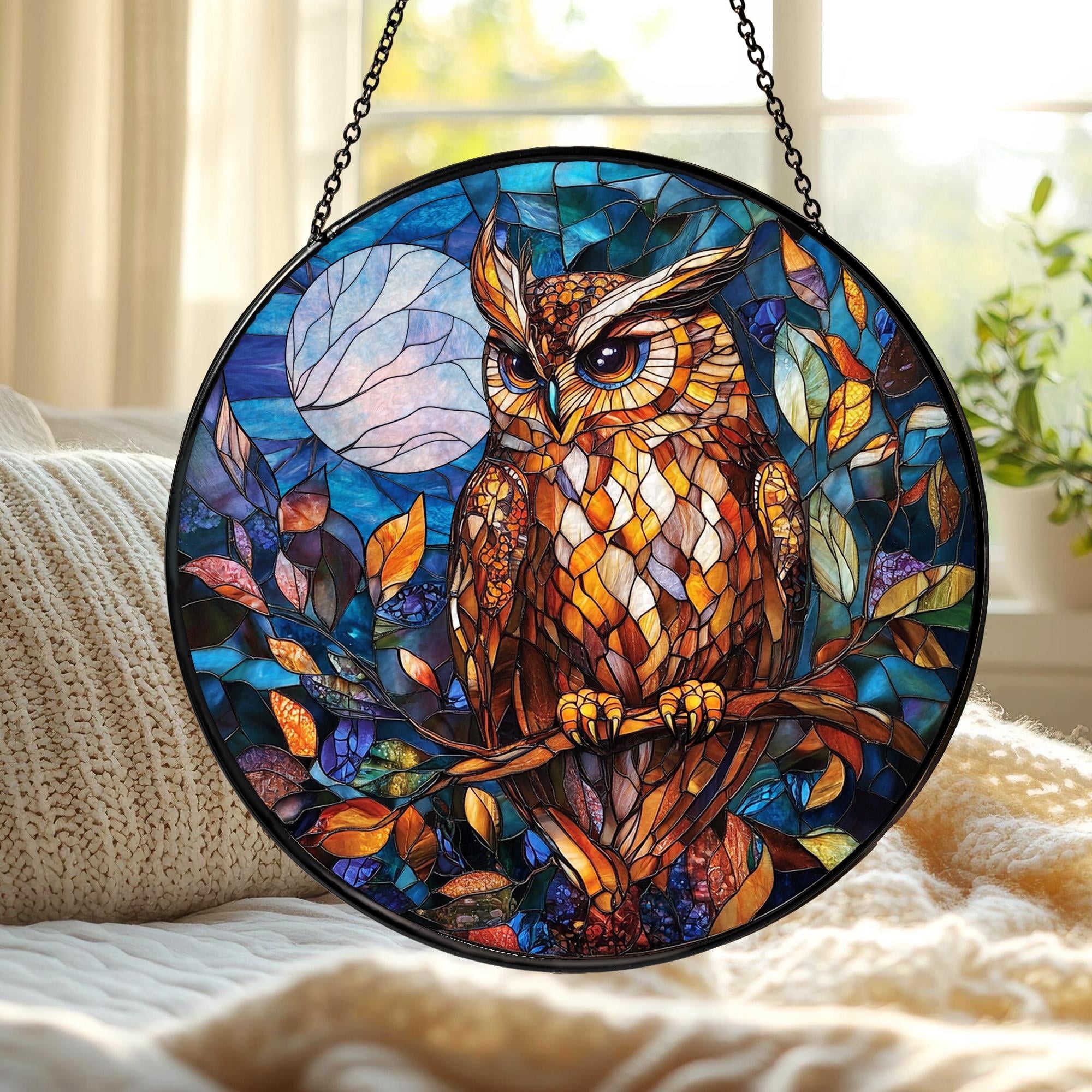 Owl Stained Glass Window Hanging, Owl Suncatcher, Owls Hand Painted ...
