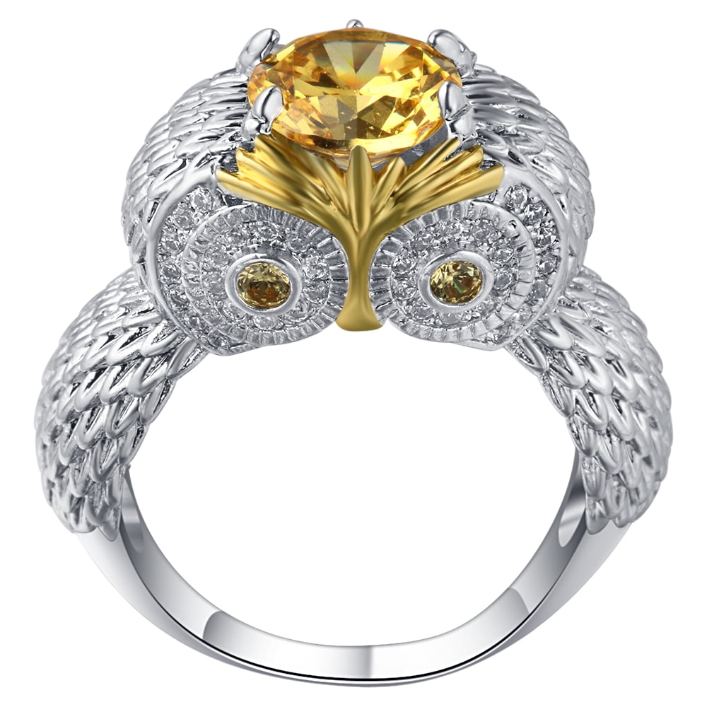 Owl Statement Ring Yellow White Gold Pl Cz Teacher Women Ginger Lyne ...