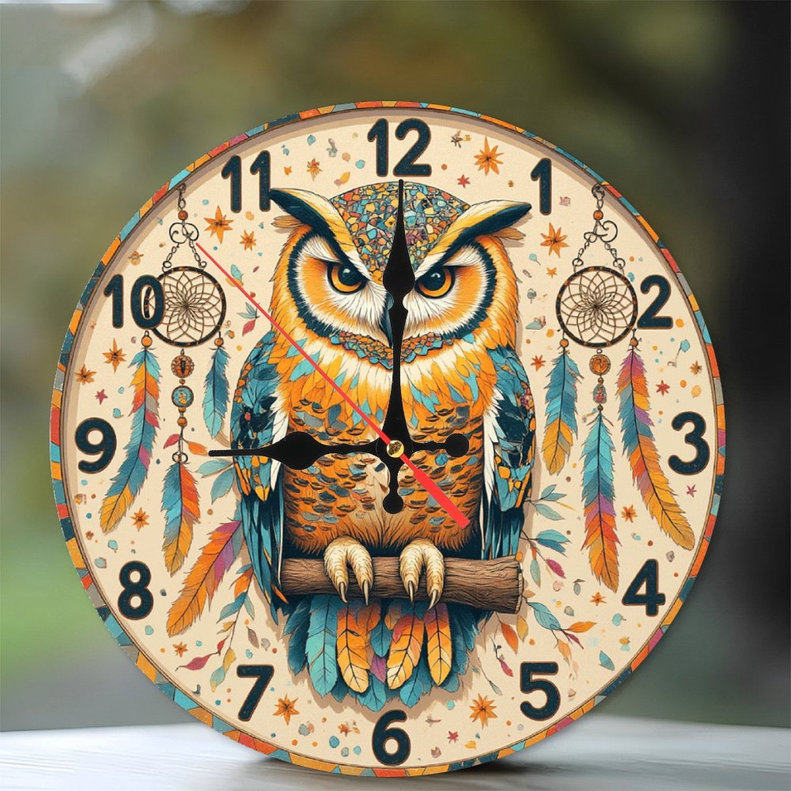 Owl Wall Clock Boho Style Colorful Dreamcatcher Decor 10-Inch Silent ...