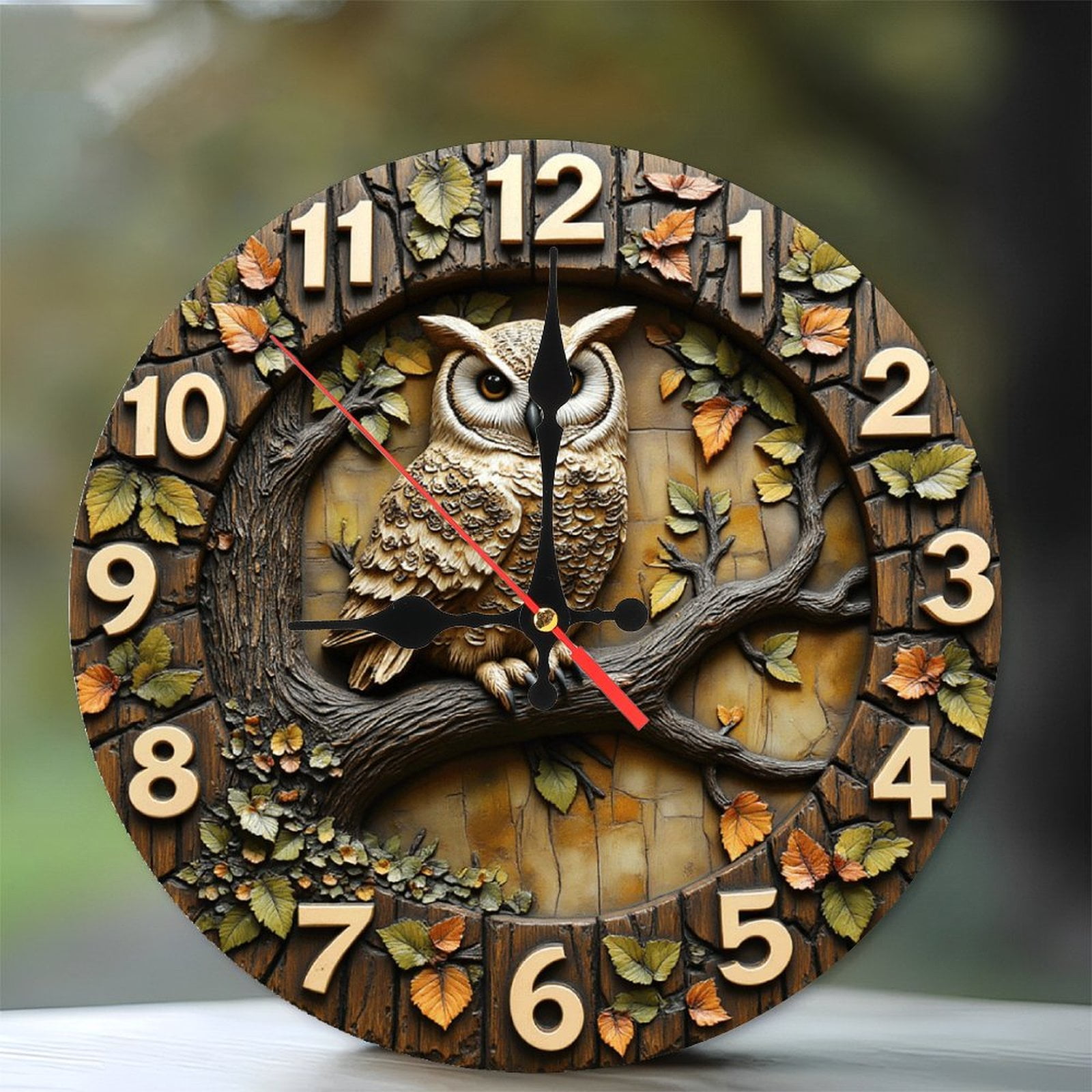 Owl Wall Clock with Nature Inspired Design 10-Inch Silent Wooden Wall ...