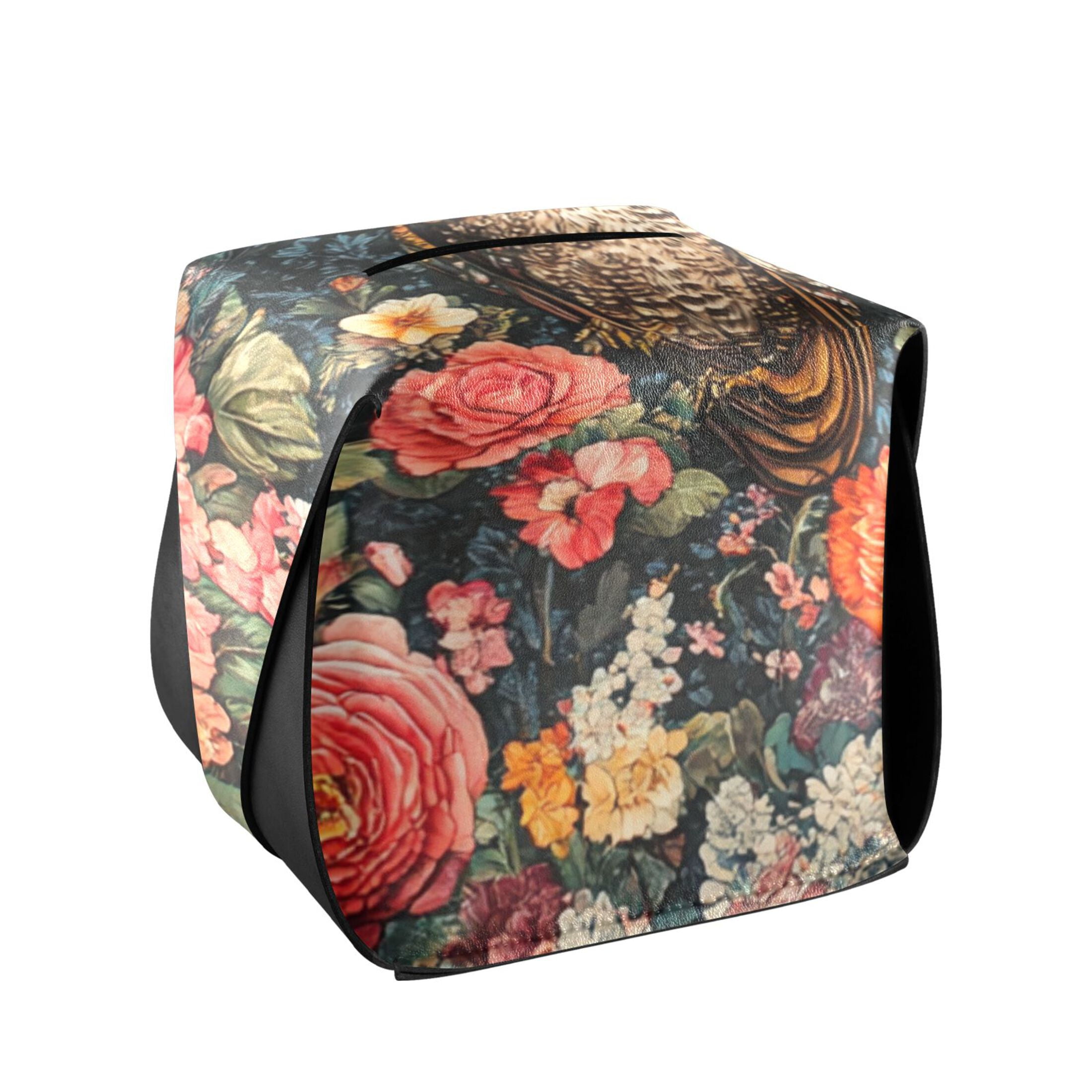 Owl and Flowers Vintage Oil Painting Tissue Box Cover Leather Square ...