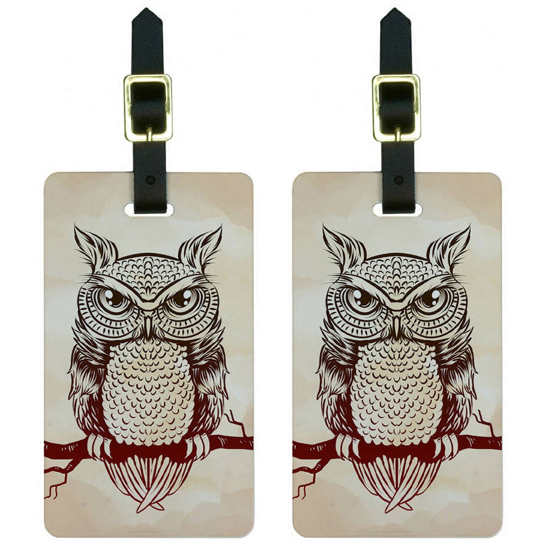 Owl on Branch Rustic Bird Luggage Tags Suitcase Carry-On ID, Set of 2 ...