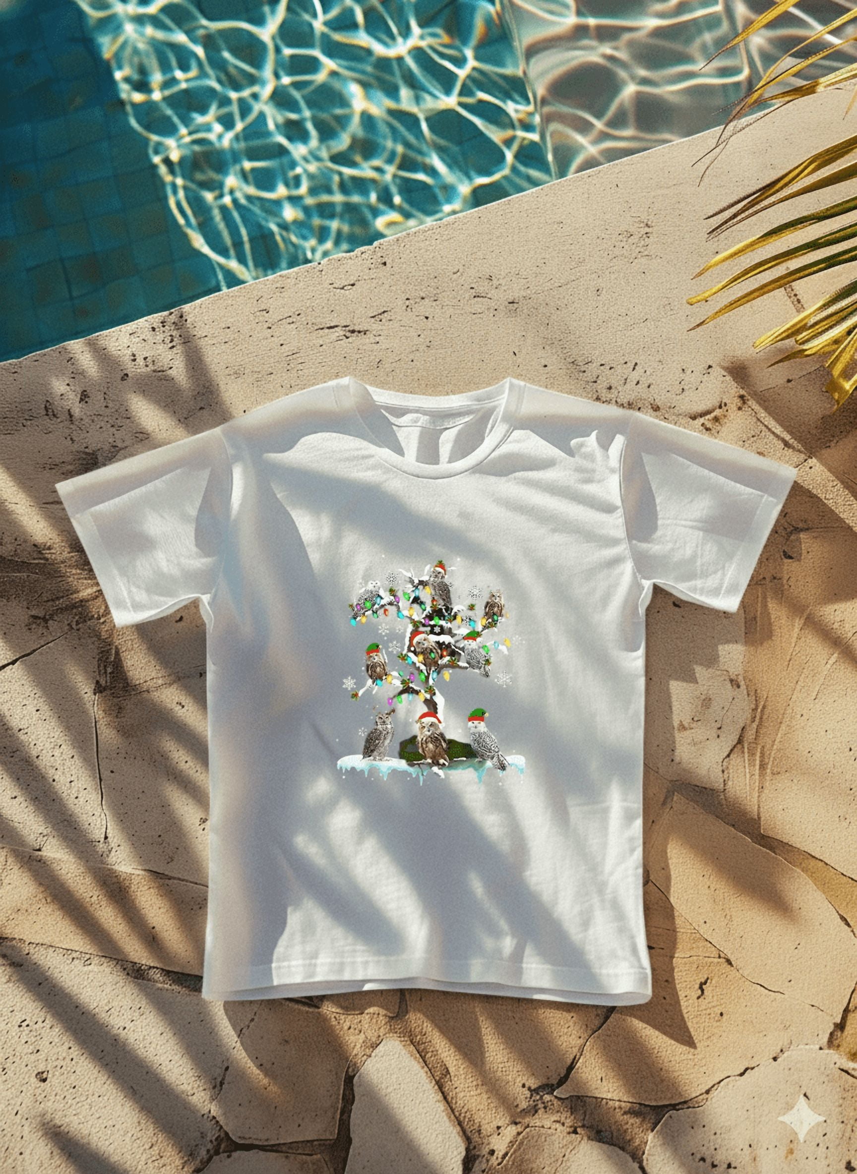 Owl on Holiday Tree Red Hat Lights Reindeer Elf Scene Unisex T-Shirt up ...