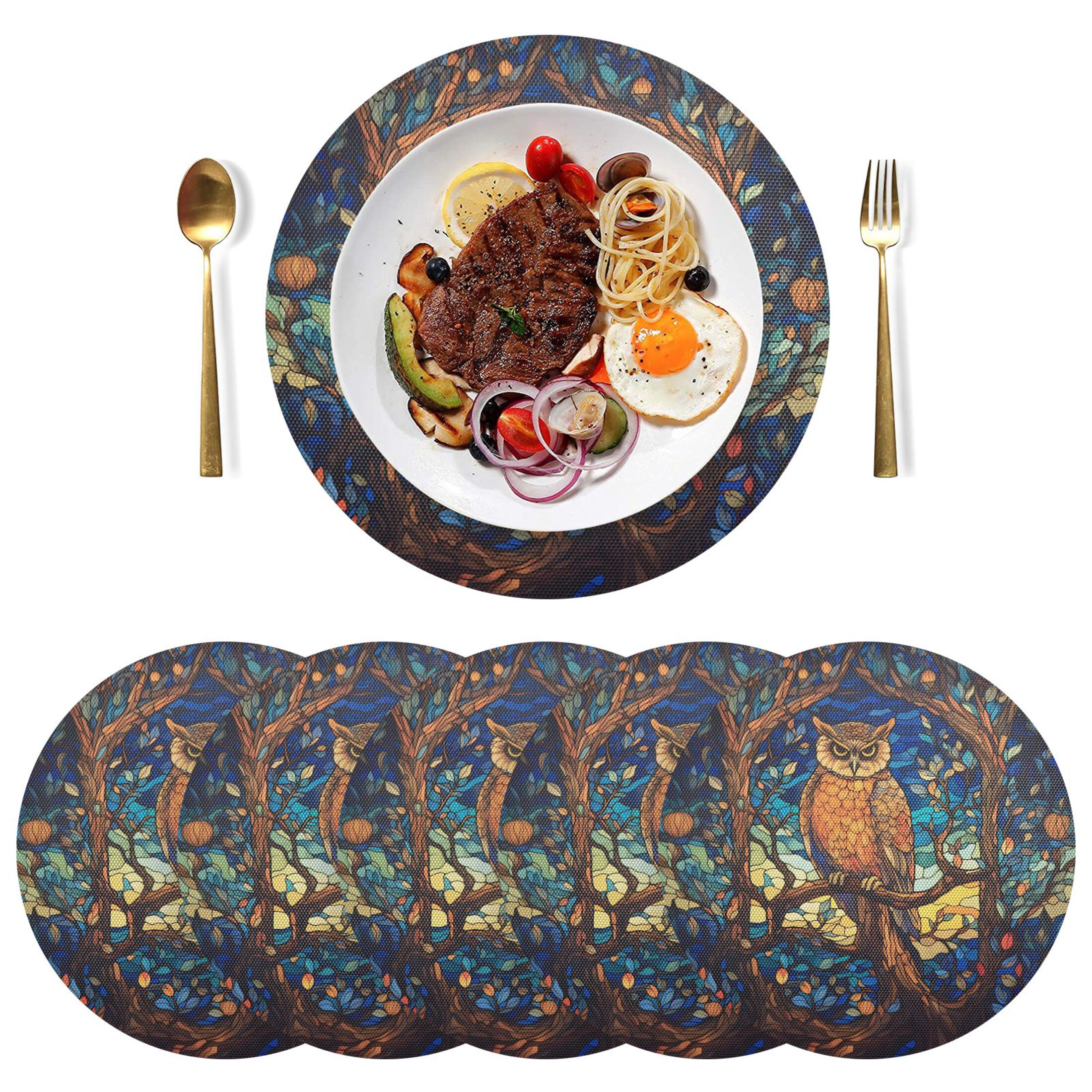 Owl on Tree Round Plate Mats Non-Slip Place Mat Washable PVC Table Mats ...