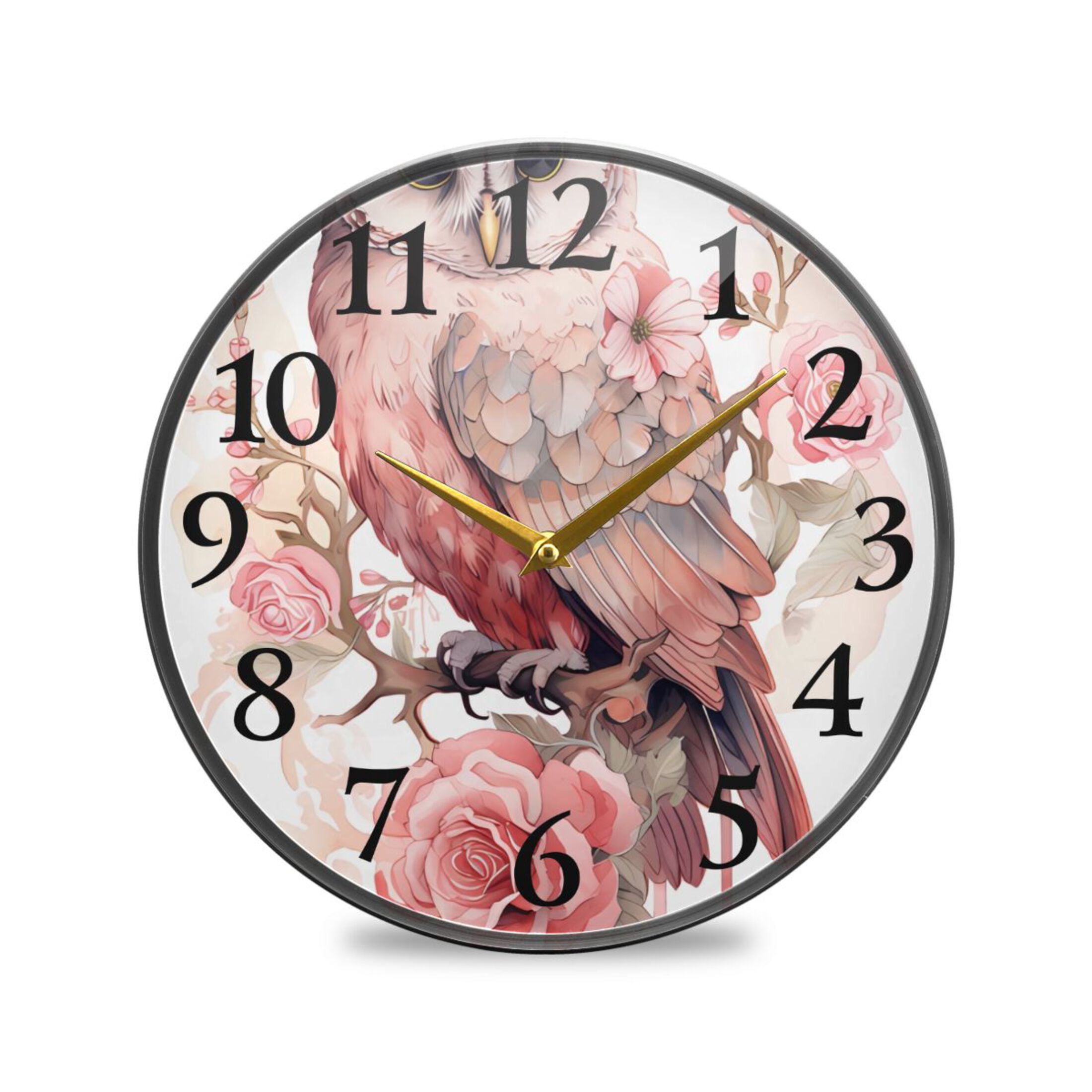 Owl with Flowers Wall Clocks Battery Operated 11.9 Inch Round Clock ...