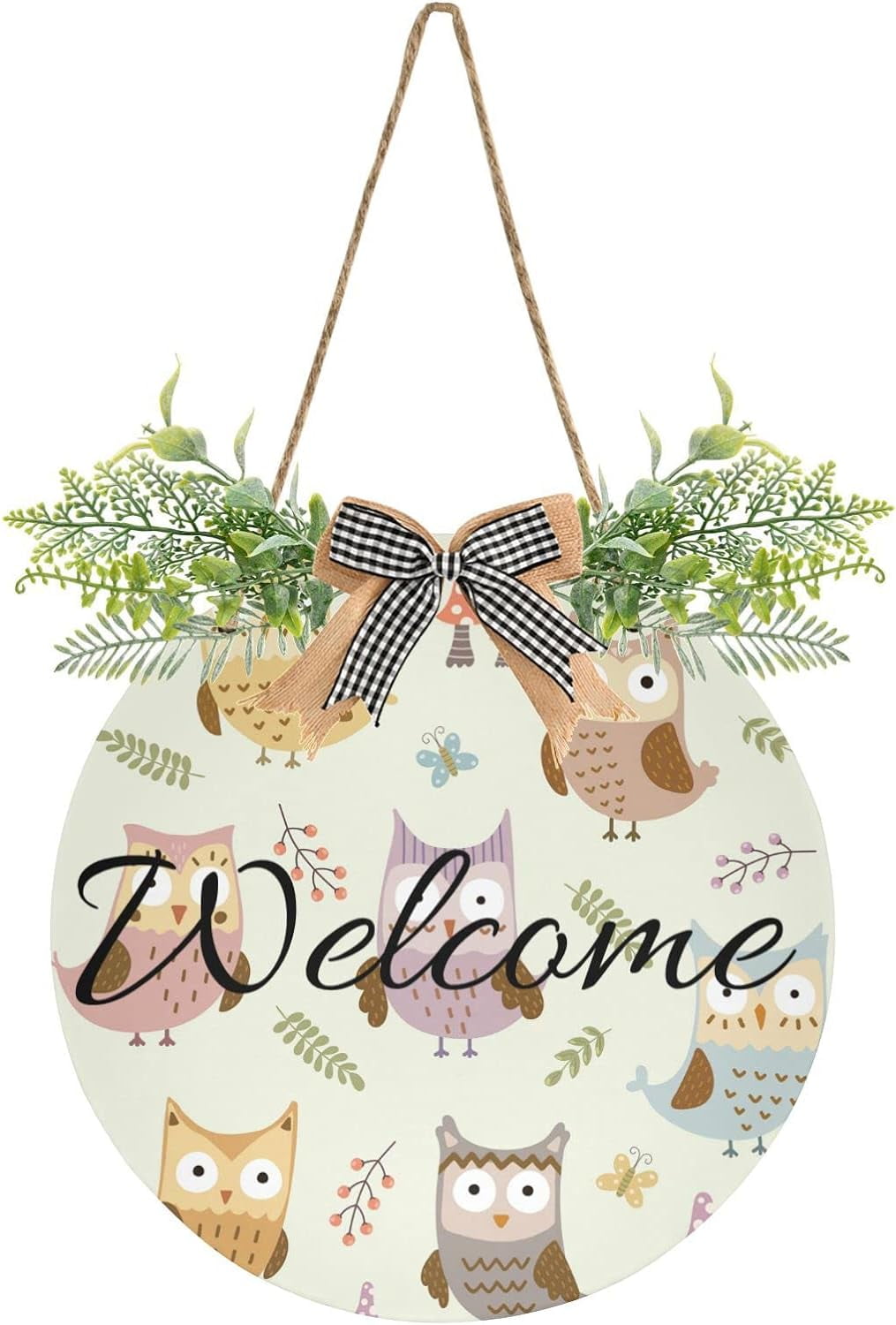 Owls Butterfly Welcome Sign for Front Door, Round Sign Hanging Welcome ...
