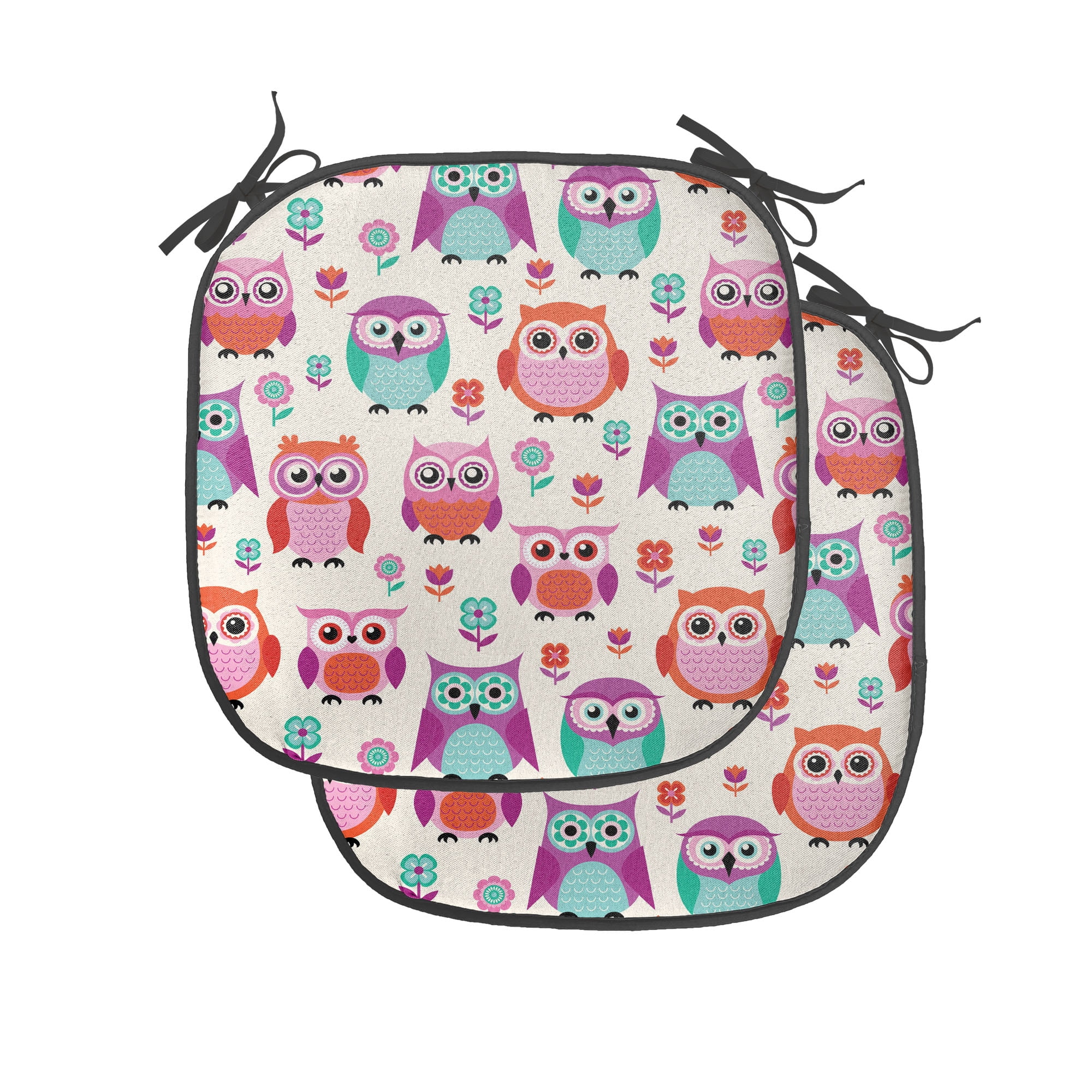 Owls Chair Seating Cushion Set of 2, Owls Happy Hipster Modern Repeated ...