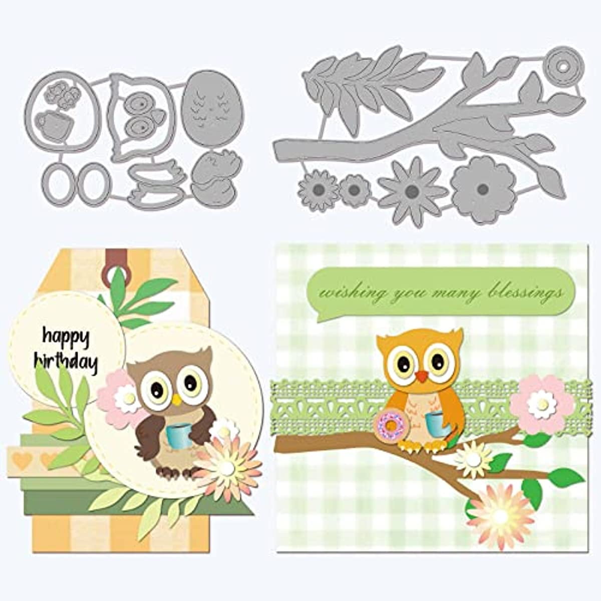 Owls Cutting Dies Flowers Branches Embossing Stencil Template Coffee ...