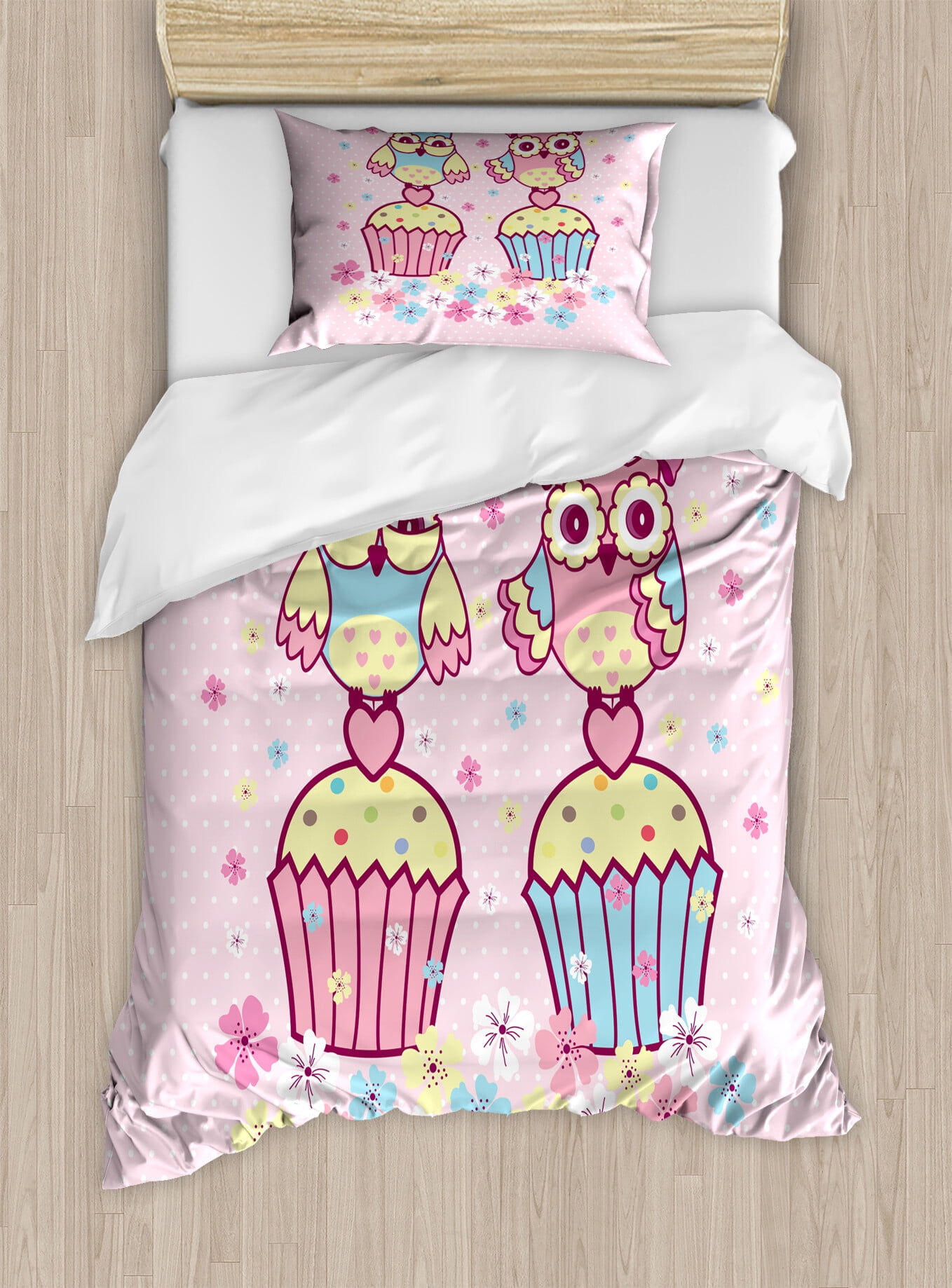 Owls Duvet Cover Set, 2 Owl Couples on Cupcakes Springtime Happiness ...