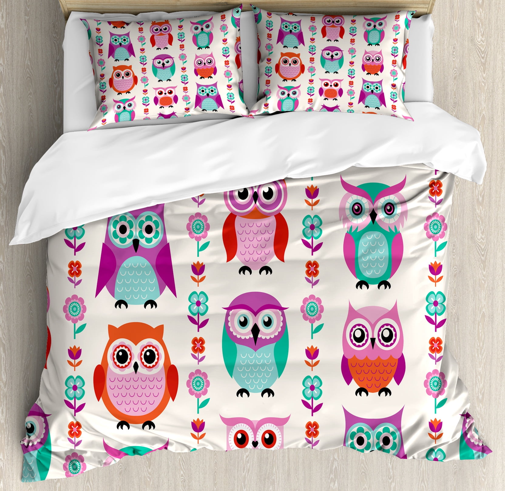 Owls Duvet Cover Set, Owls in Vertical Line Flower Strings Vibrant ...