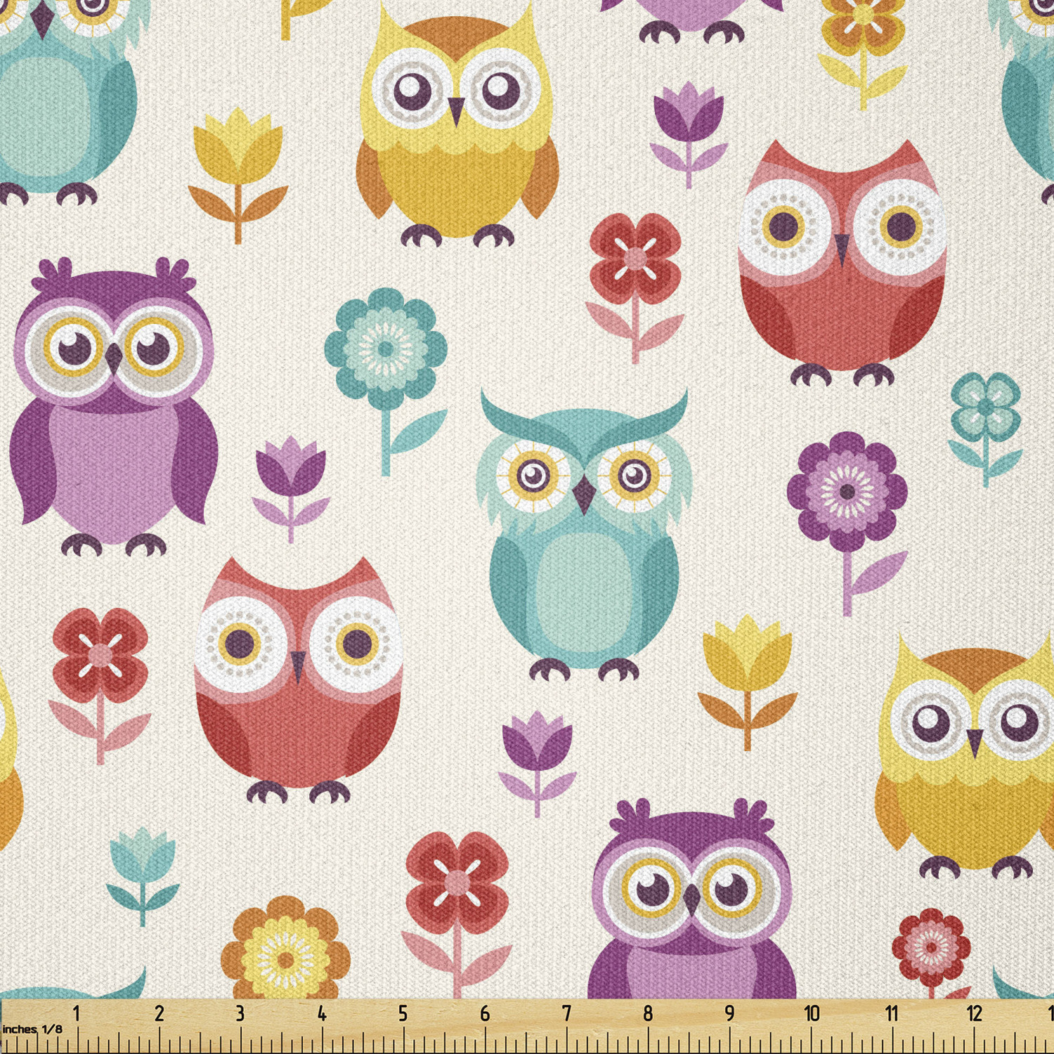 Owls Fabric by The Yard, Lilies Popies and Daisies Lively Colored ...