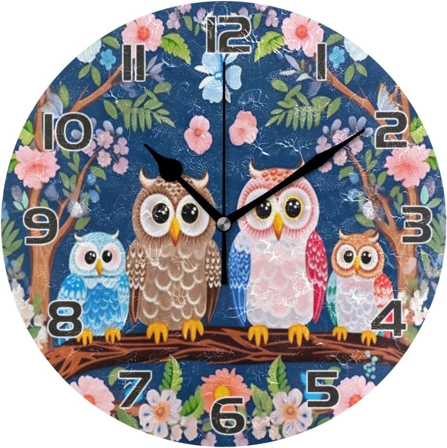 Owls Family Floral Tree Wall Clock Round Vintage Silent Non Ticking ...