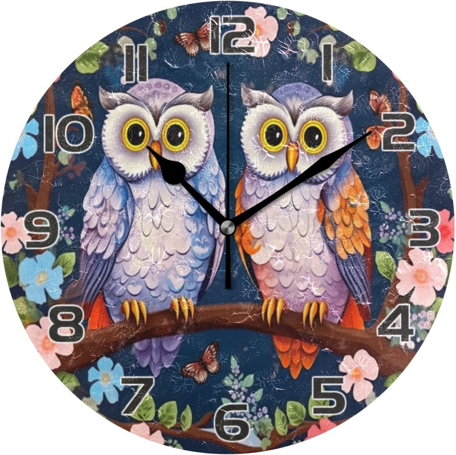 Owls on Floral Branch Wall Clock Round Vintage Silent Non Ticking ...