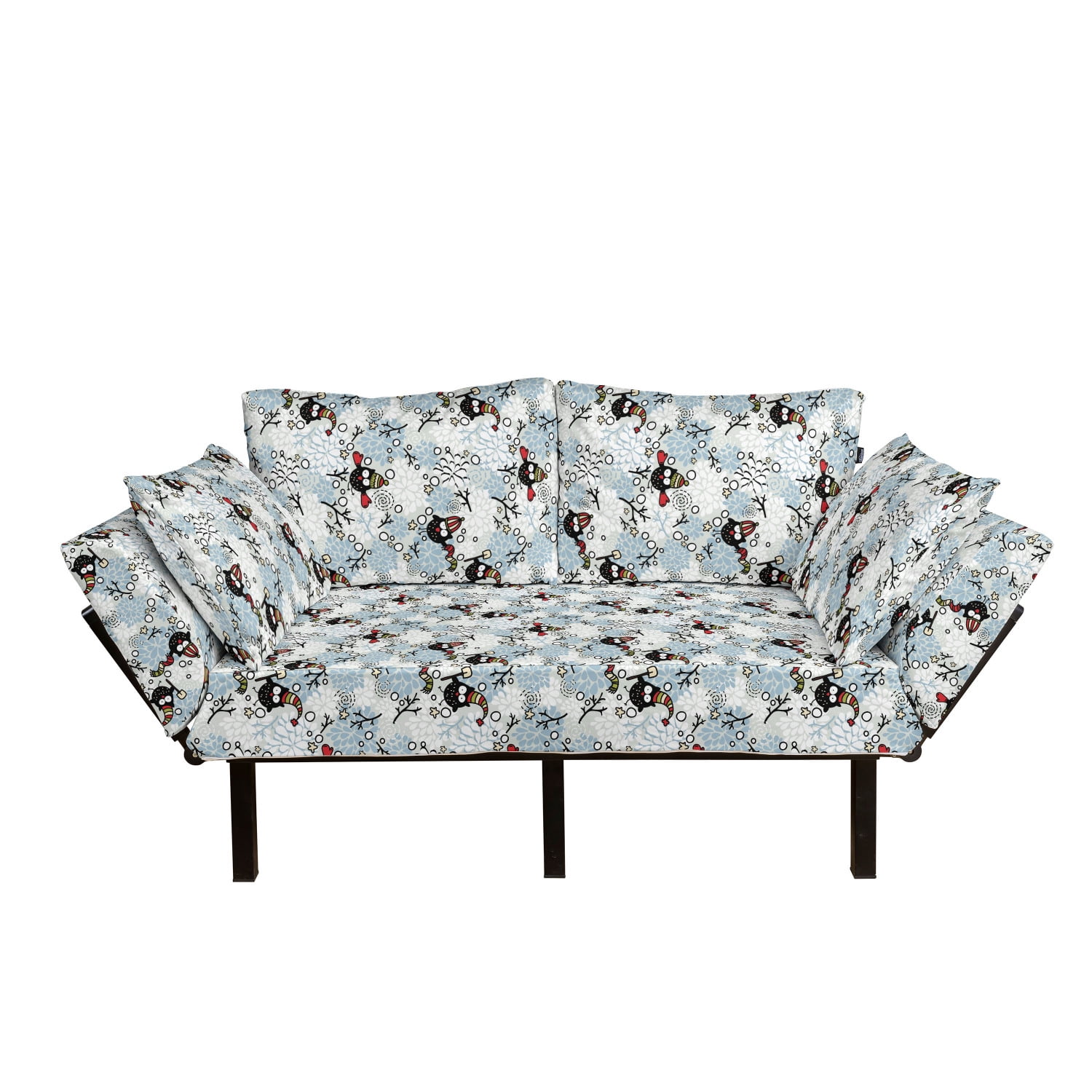 Owls Futon Couch, Wintertime Pattern with Characters and Snow Flowers ...