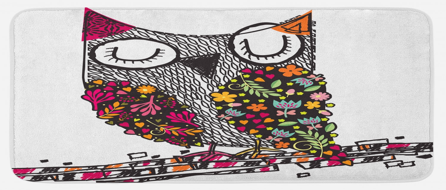 Owls Kitchen Mat, Owl Shaped by Geometric Floral Blooms Plants Patterns ...