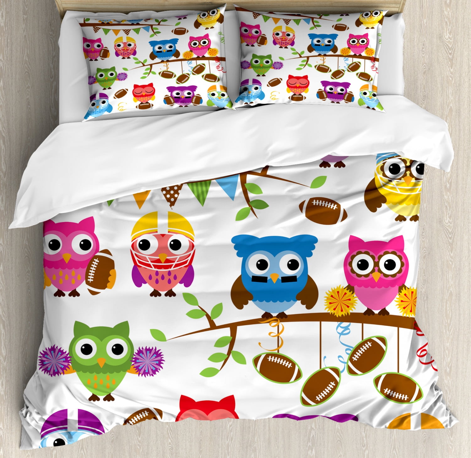 Owls Queen Size Duvet Cover Set, Sporty Owls Cheerleader League Team ...