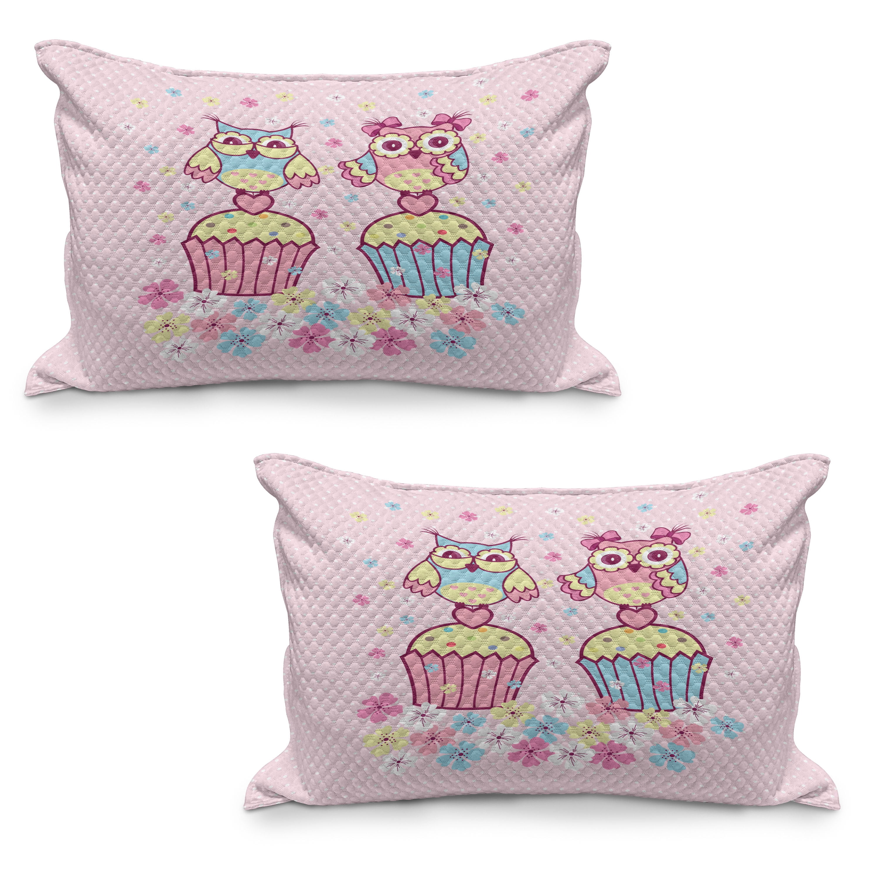 Owls Quilted Pillowcover Set of 2, 2 Owl Couples on Cupcakes Springtime ...