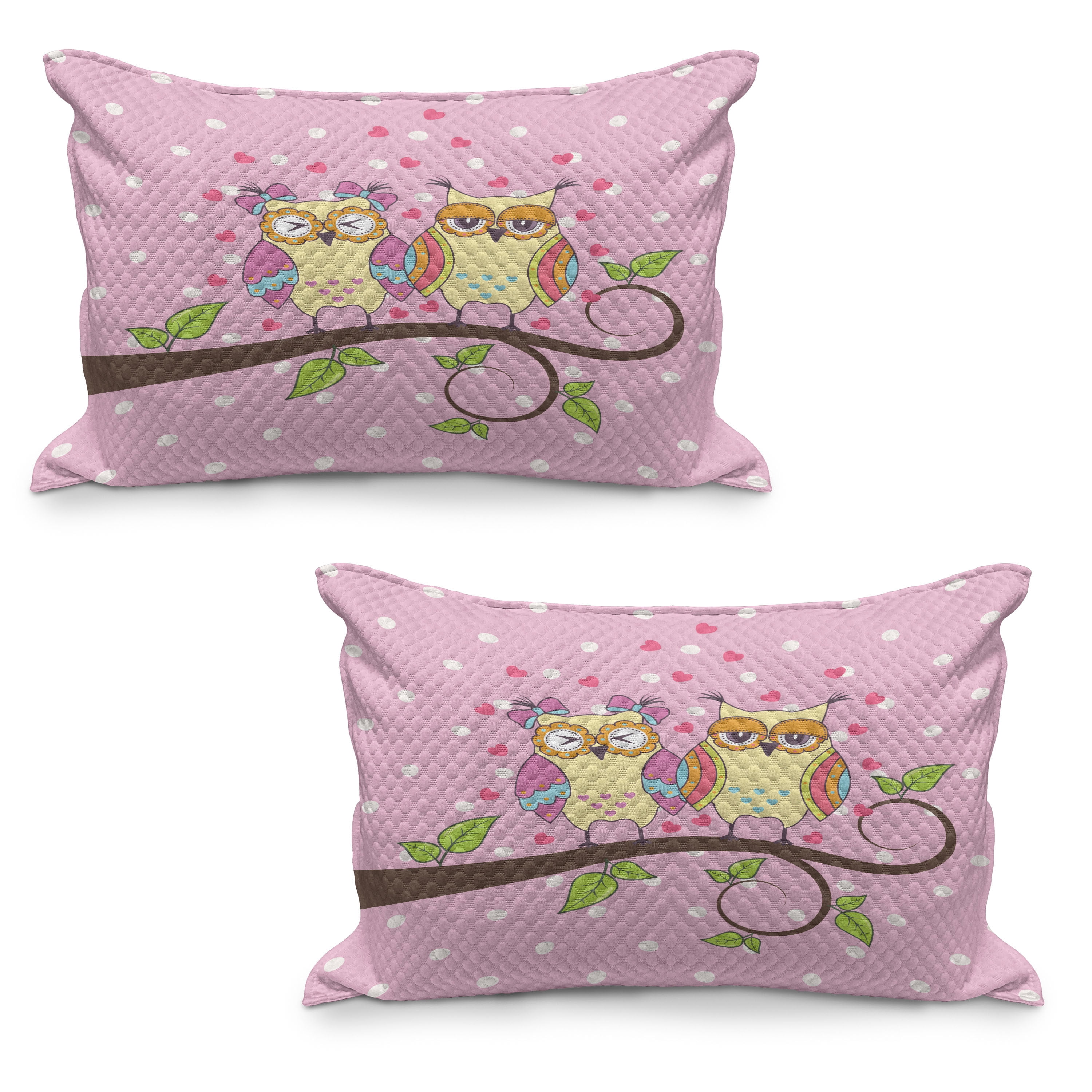 Owls Quilted Pillowcover Set of 2, Owls in Love on Branch Polkadots ...