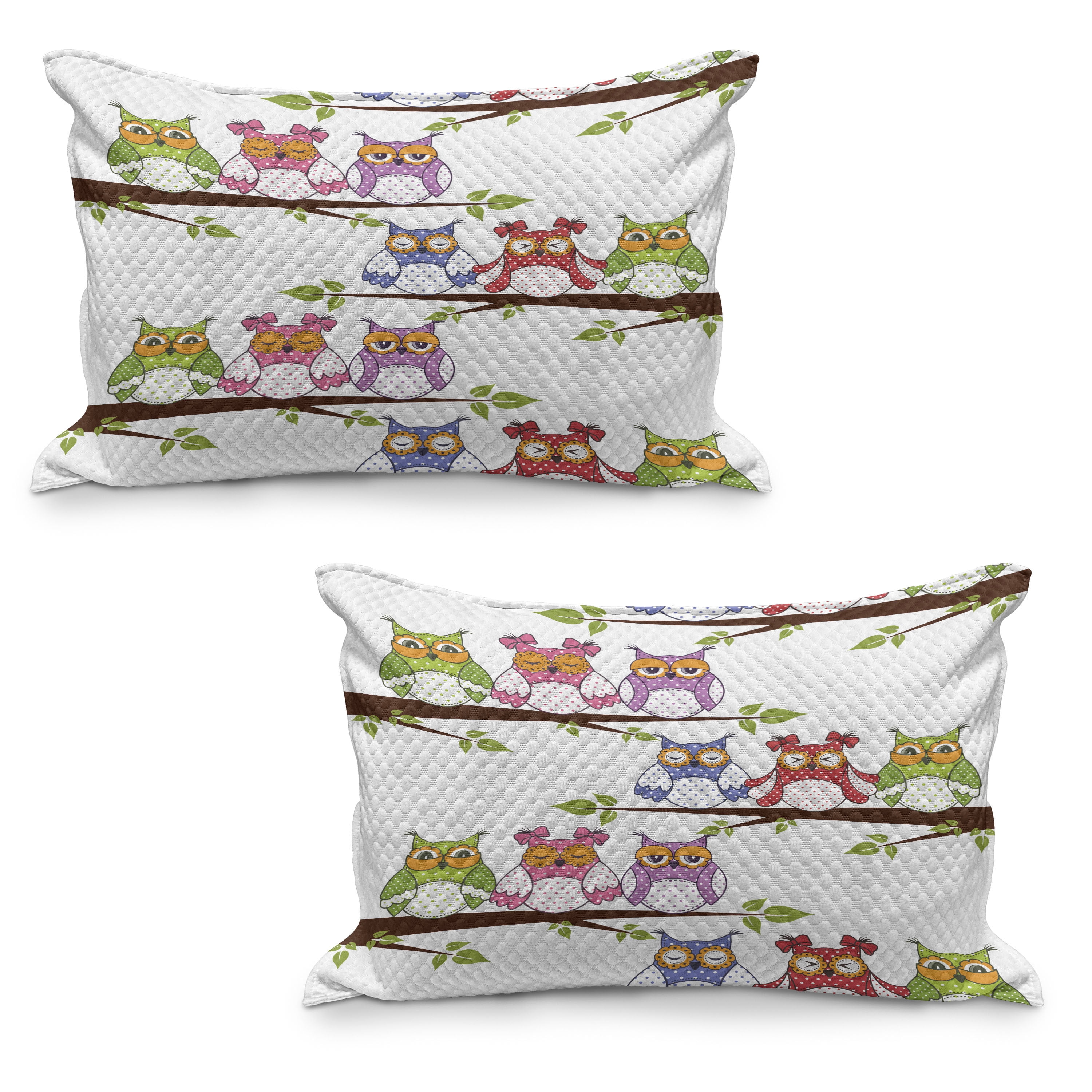 Owls Quilted Pillowcover Set of 2, Owls on the Tree Branches Sitting in ...