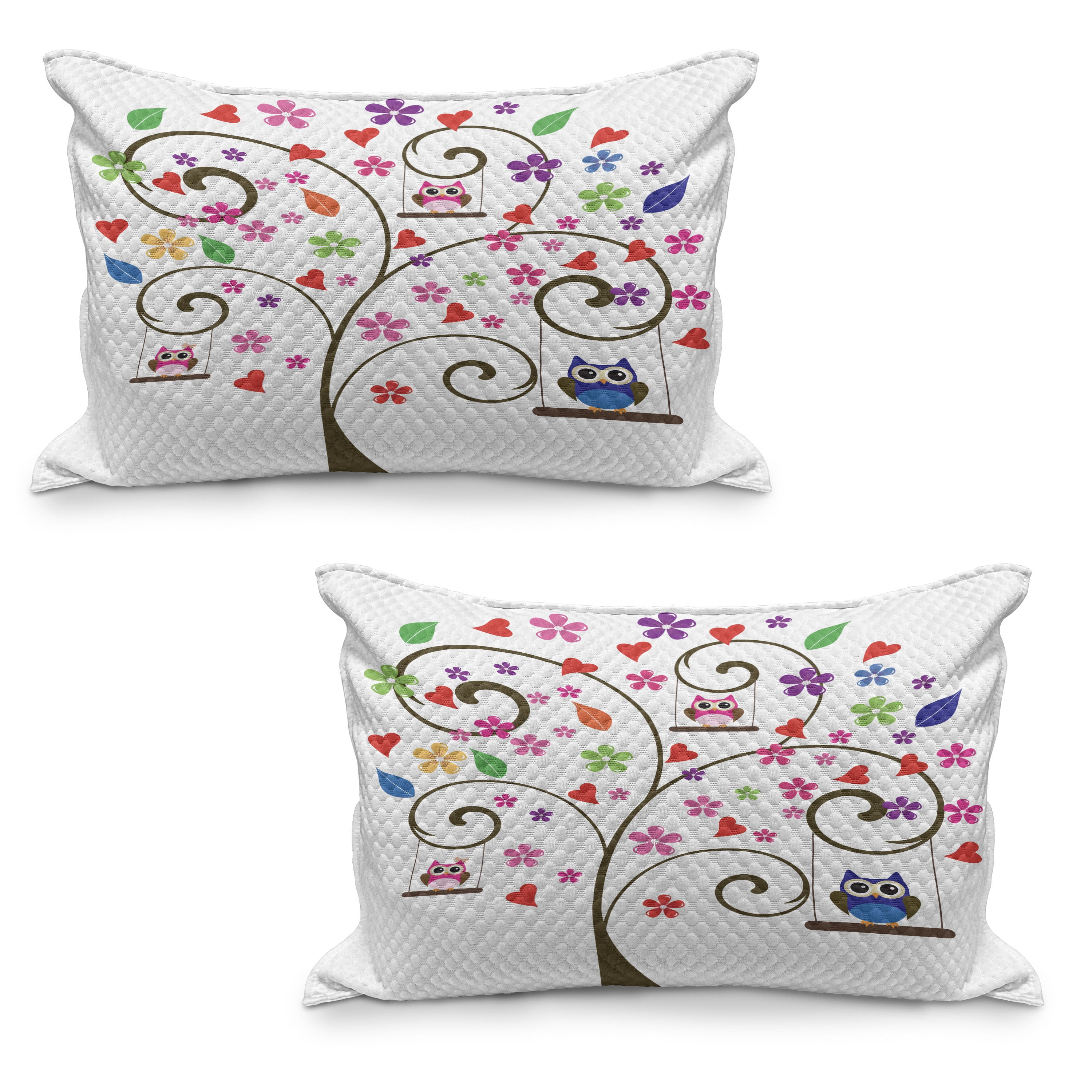 Owls Quilted Pillowcover Set of 2, Tree with Flowers and Owls Swinging ...