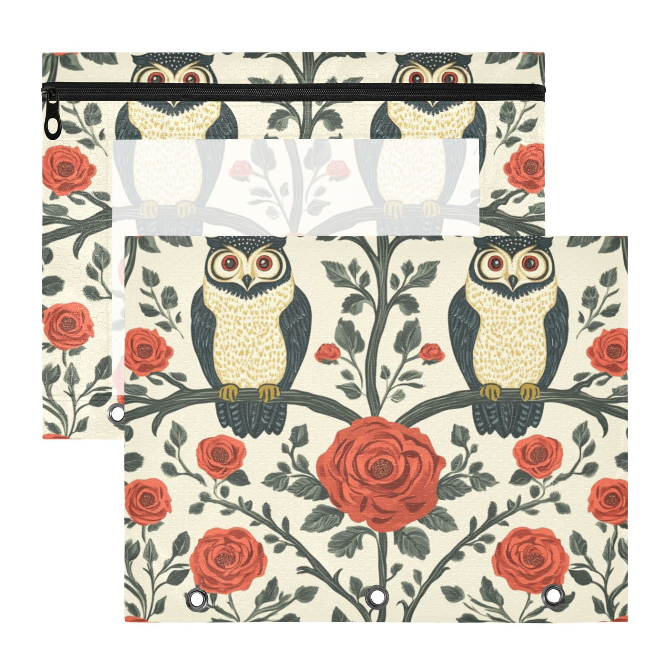 Owls Roses Leaves Symmetric Pattern 3-Ring Binder Pouches A4 Size ...