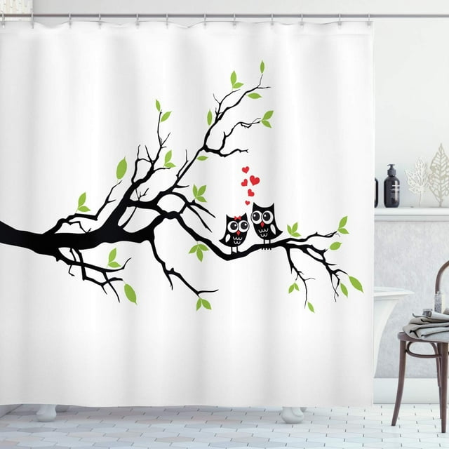 Owls Shower Curtain Owls In Love Sitting On A Branch Leaf Leaves