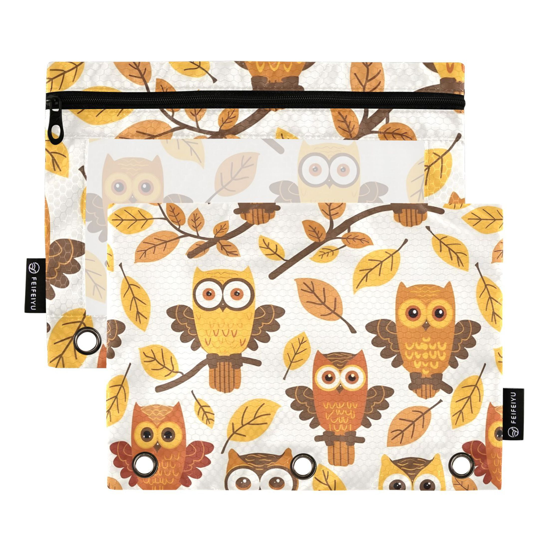 Owls and Fall Leaf 2 Pack Pencil Pouch for 3 Ring Binder Smooth Zipper ...