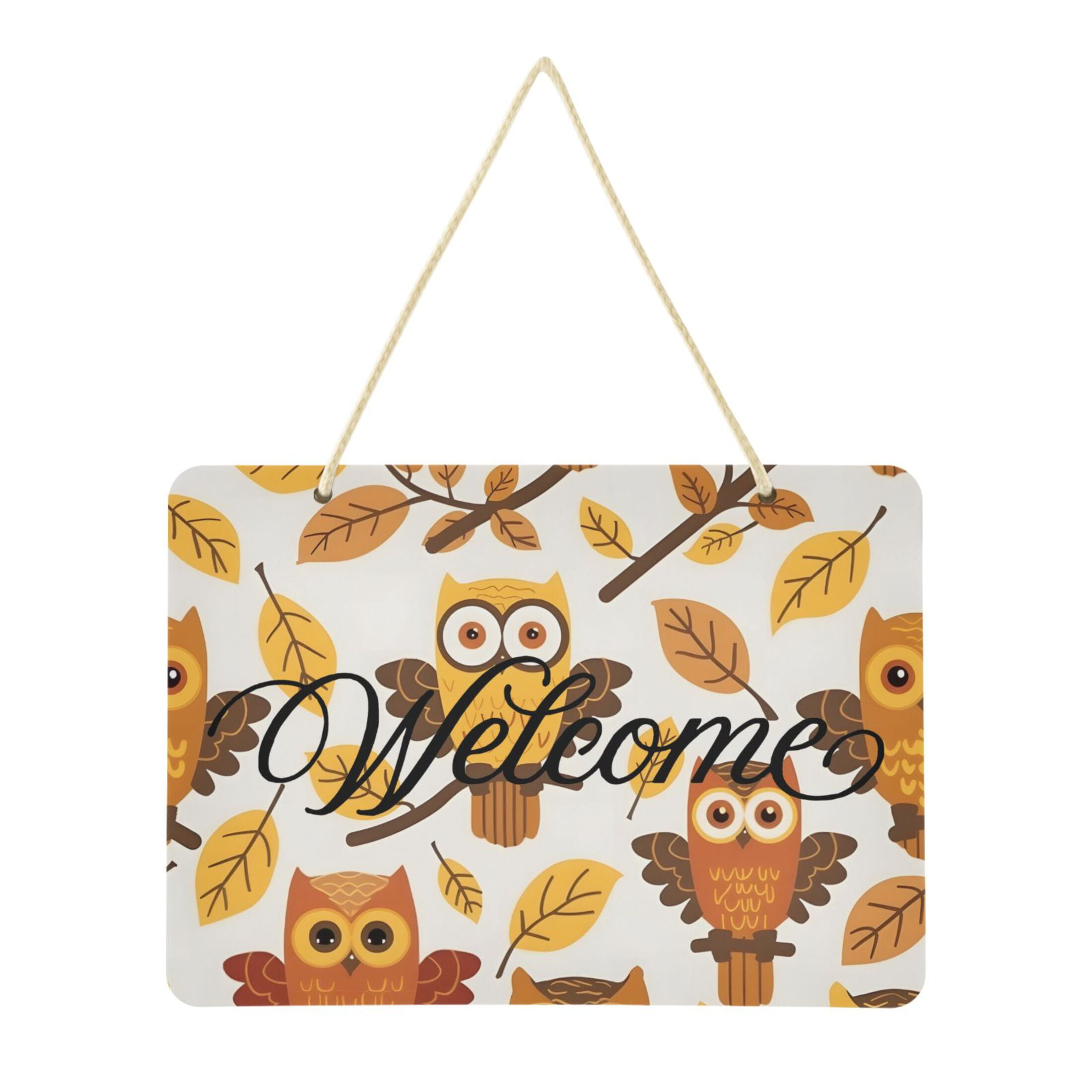 Owls and Fall Leaf Welcome Sign Front Door PVC 14x10 inch Hanger Hello ...