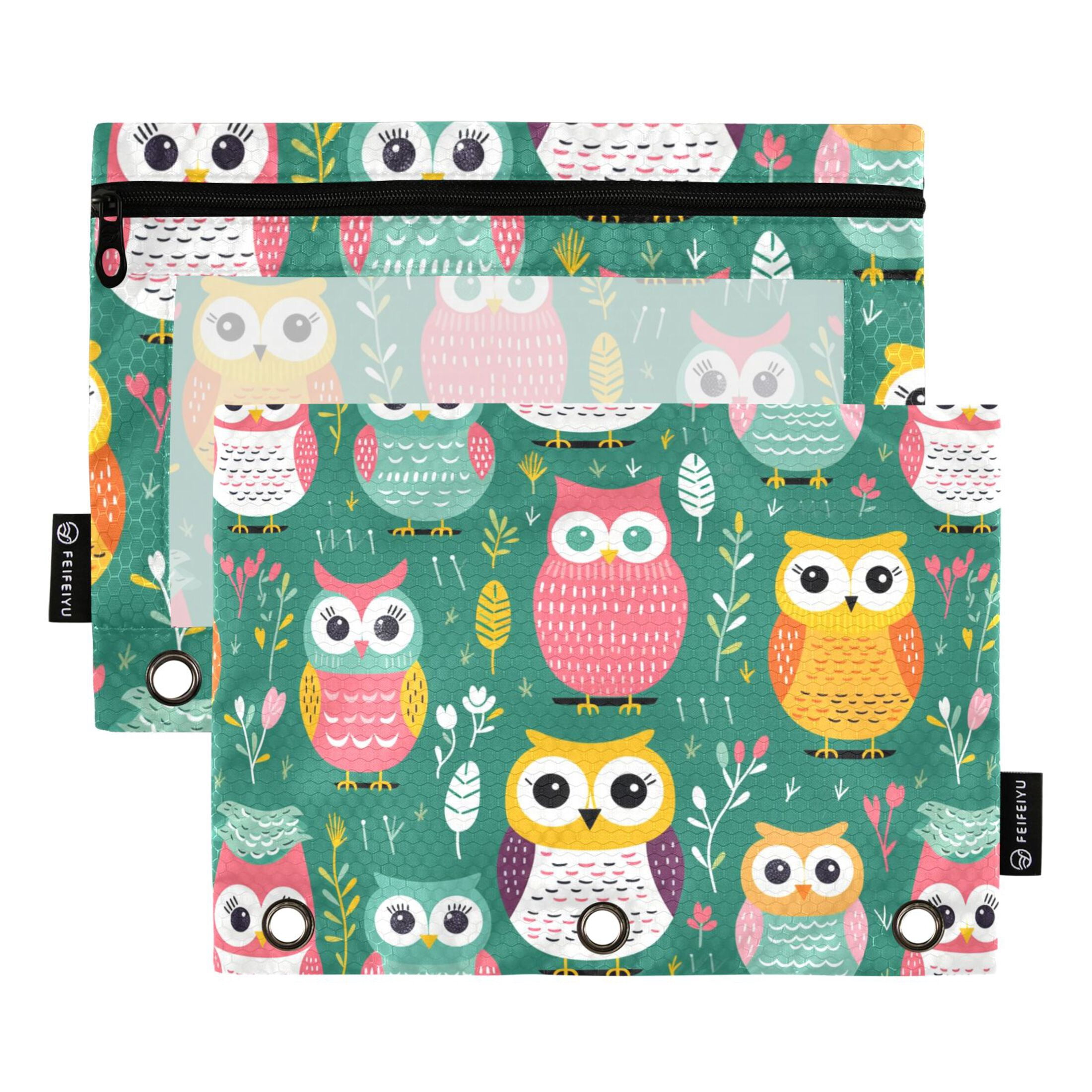 Owls and Plant 2 Pack Pencil Pouch for 3 Ring Binder Smooth Zipper ...