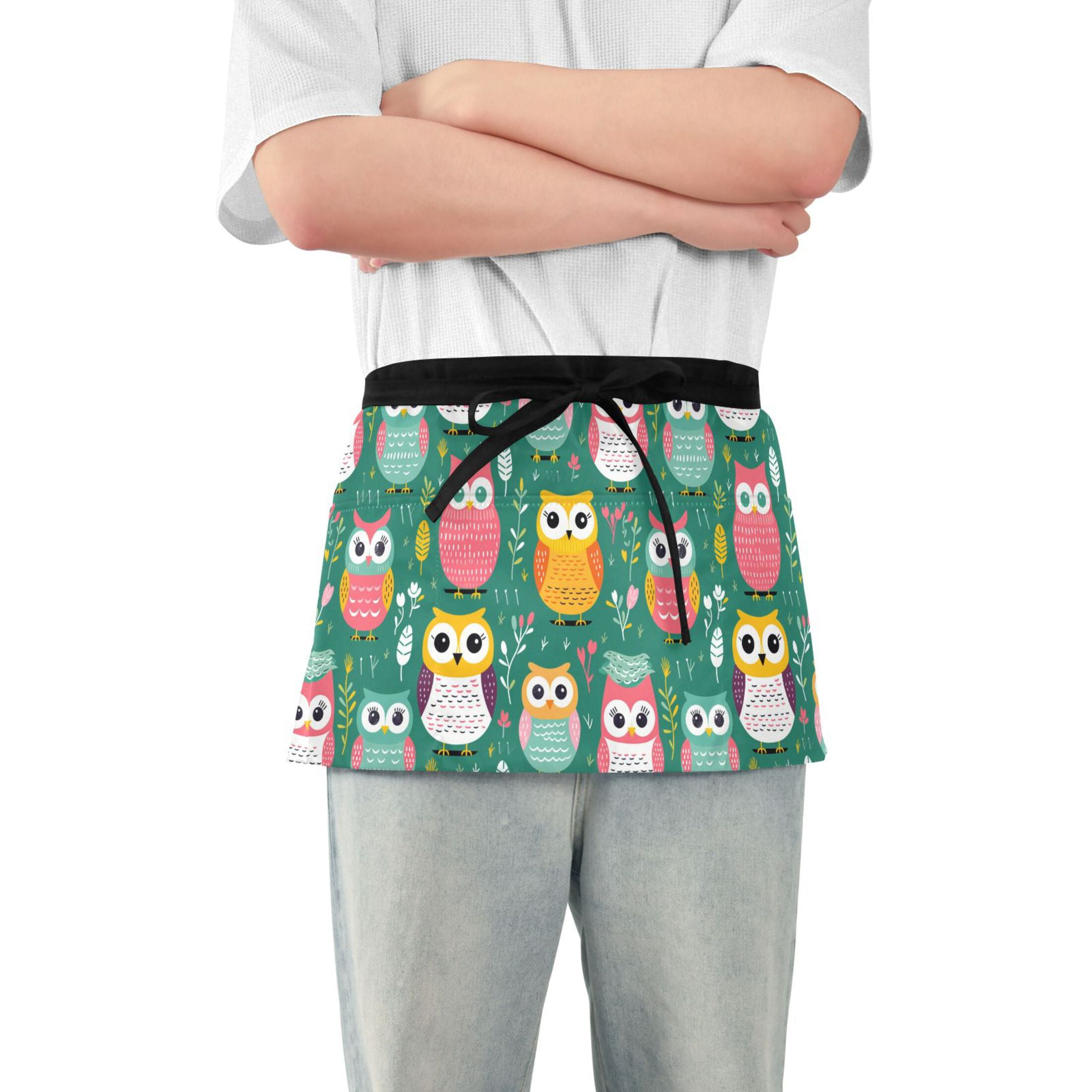 Owls and Plant Server Apron with 3 Pockets Waterproof Waitress Waist ...