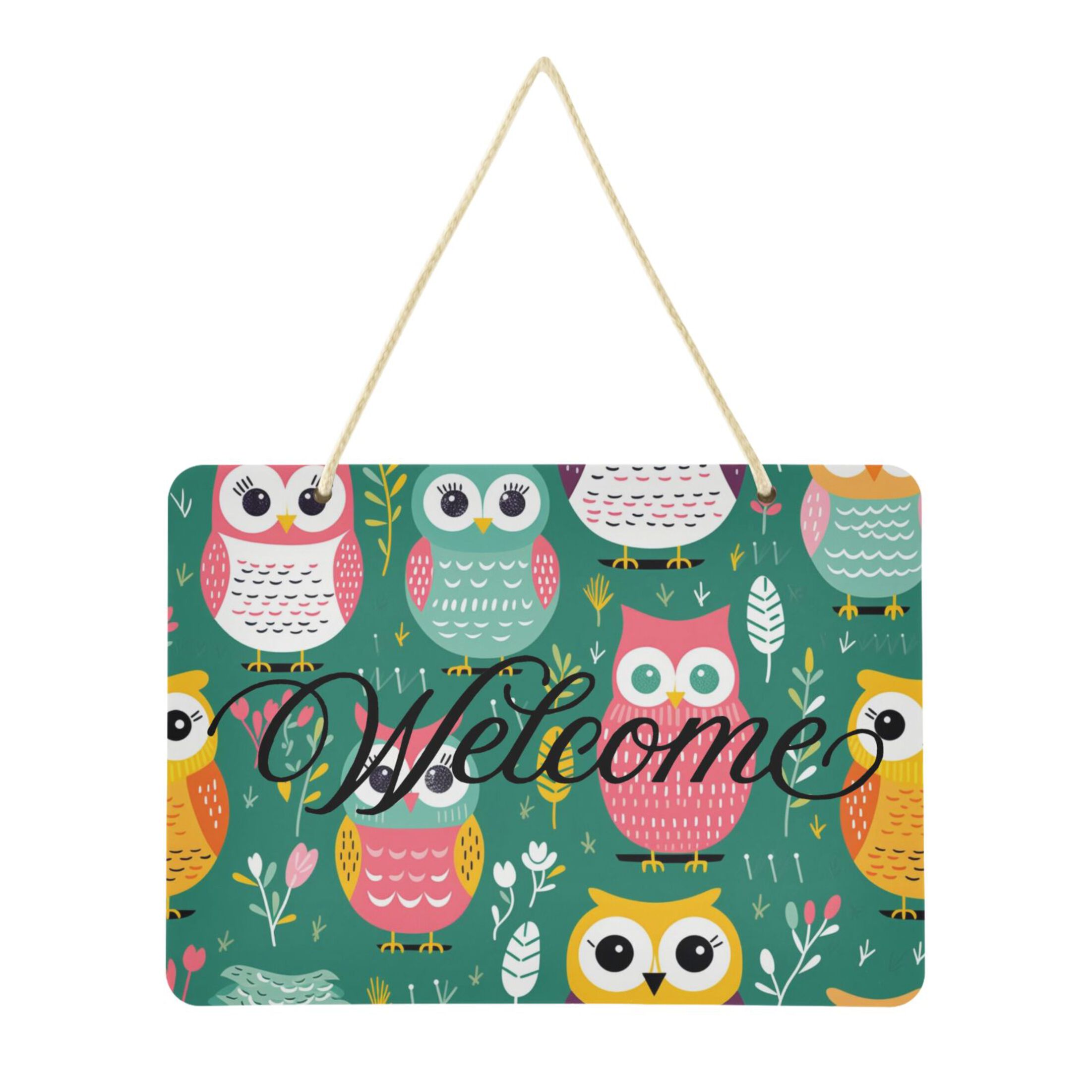 Owls and Plant Welcome Sign Front Door PVC 14x10 inch Hanger Hello Sign ...