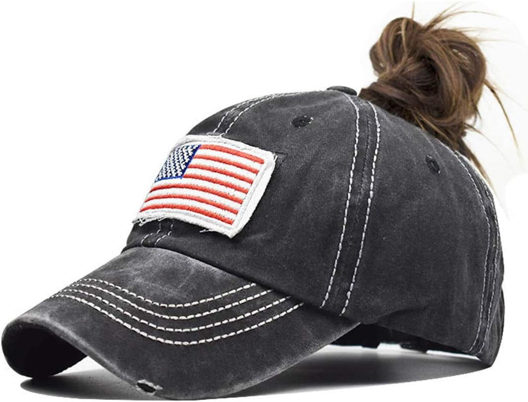OwnShow Distressed Ponytail Hat for Women American-Flag Pony Tail Caps ...
