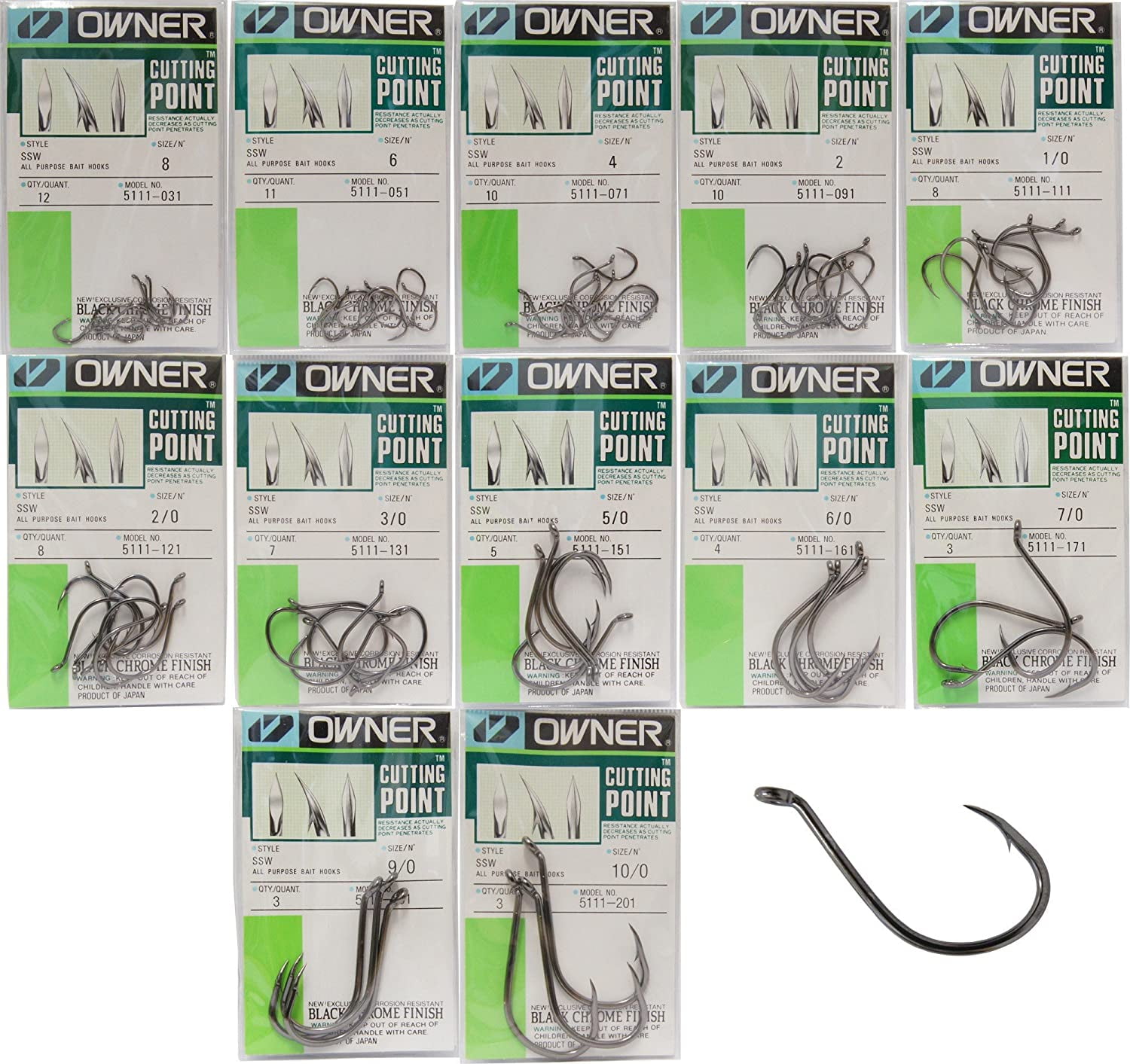 Owner SSW w/ Cutting Point, Size 1,, Black Chrome, 9 hooks per pack ...