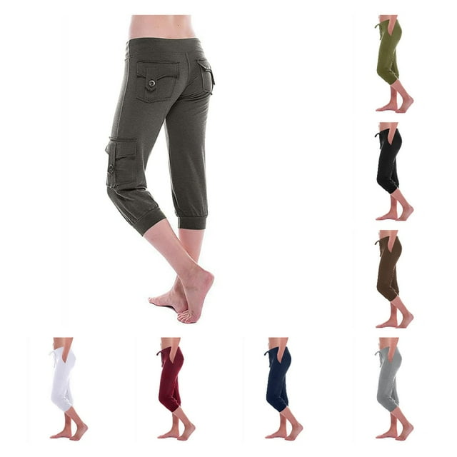 Owordtank Cargo Capris for Women with Pockets Plus Size Drawstring Elastic Waist Casual Summer ...