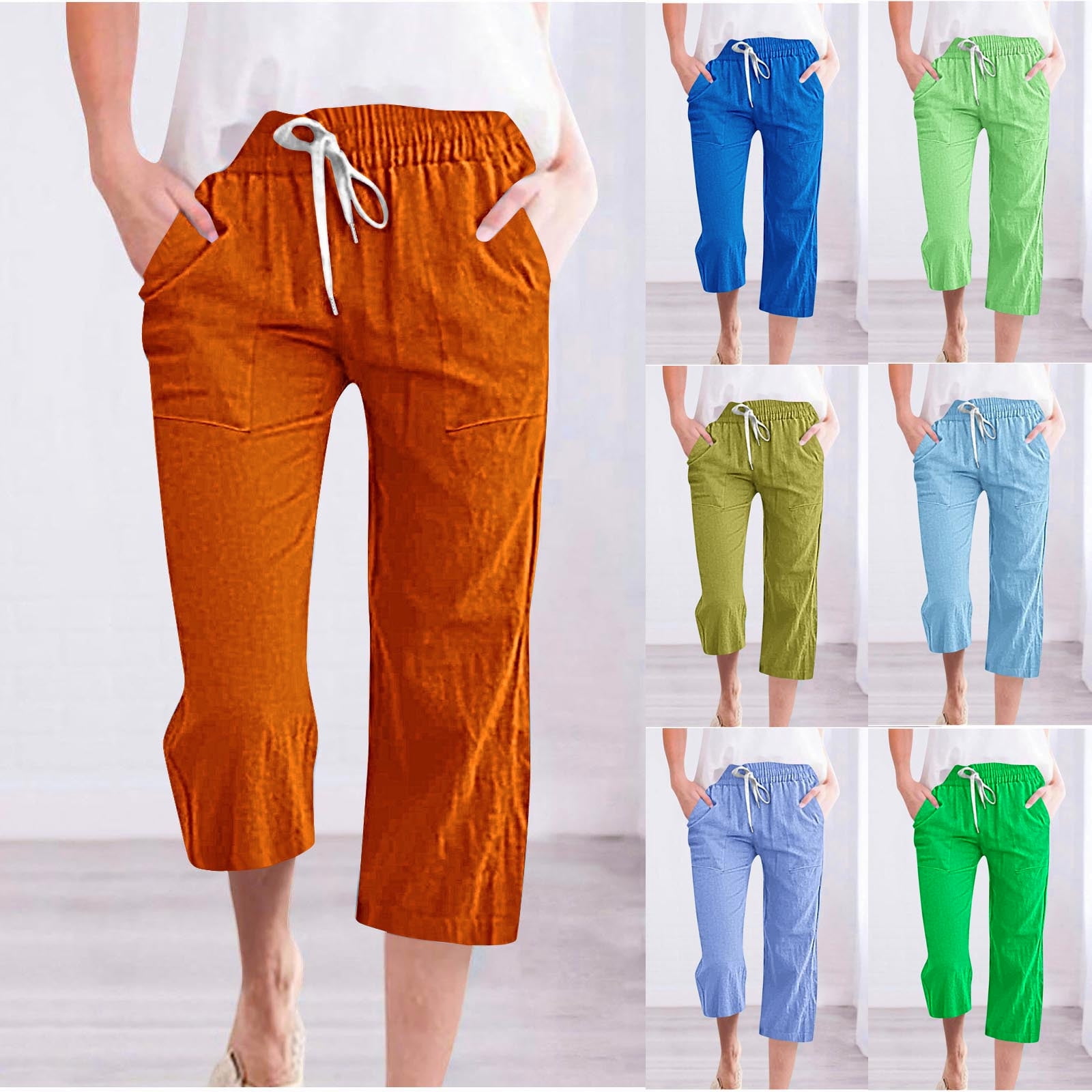 Owordtank Capri Pants for Women Casual Summer Drawstring Elastic High ...