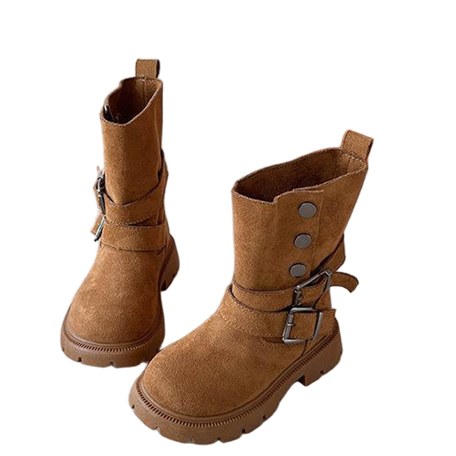 Owordtank Girls Suede Mid Calf Boots Retro Buckle Winter Boots Kids ...