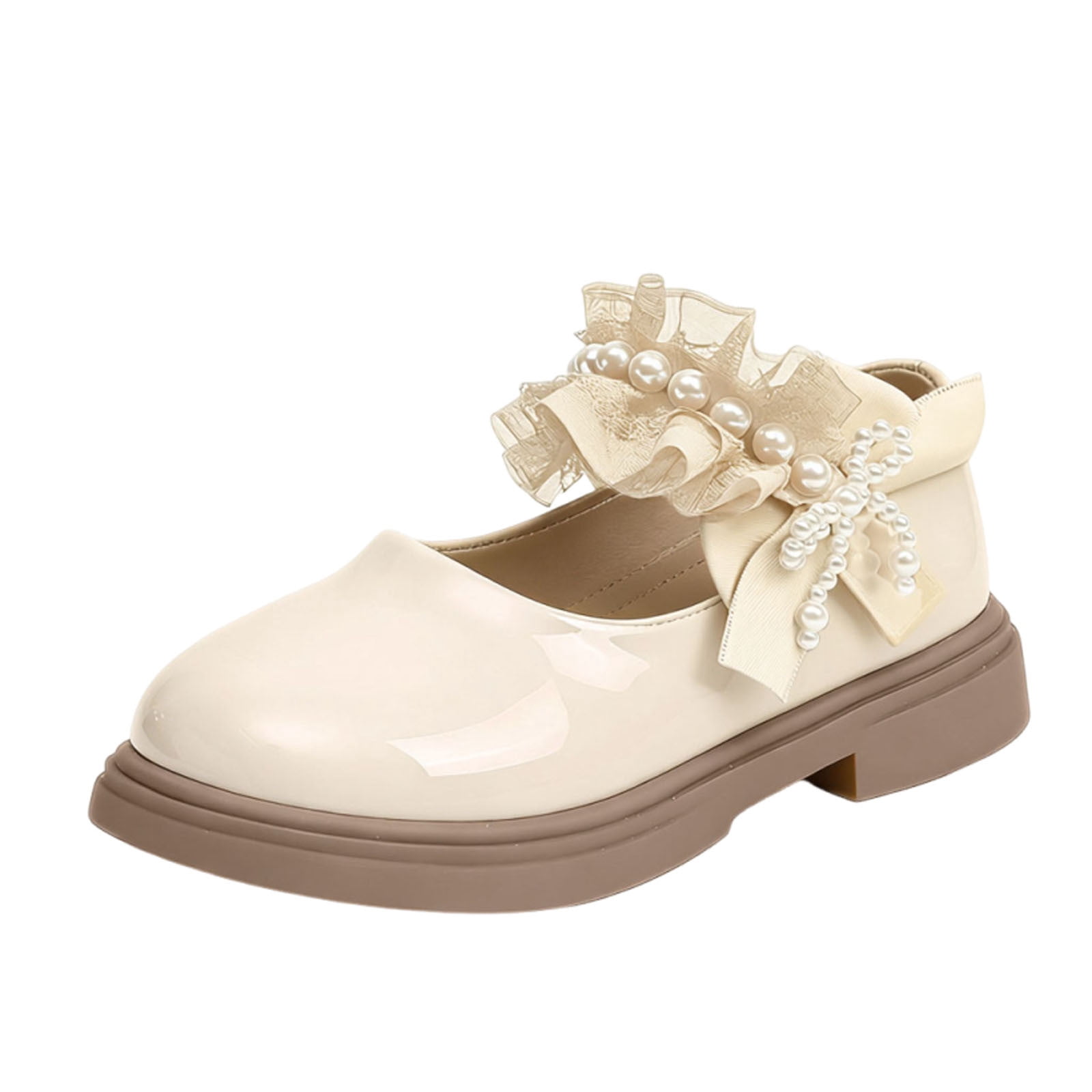 Owordtank Mary Jane Shoes for Girls Elegant Pearl Ruffle Thick Sole ...