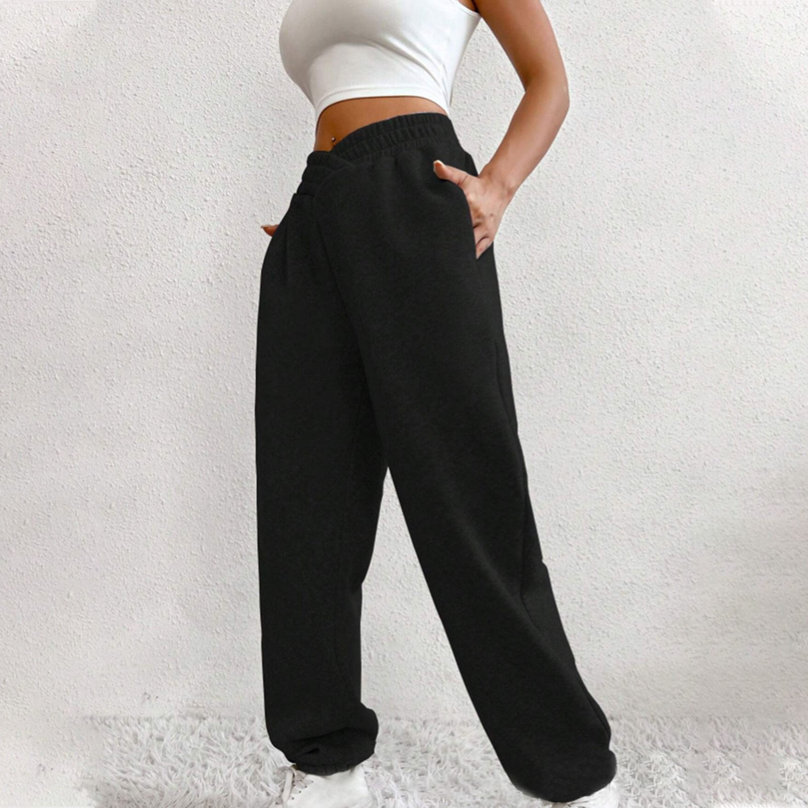 Owordtank Solid Color Sweatpants for Women with Pockets Elastic Waist ...