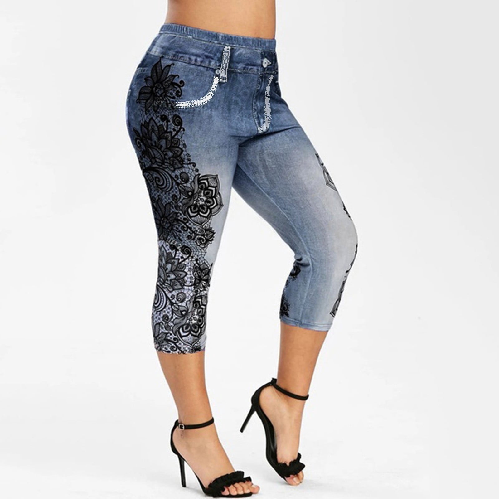 Owordtank Women's Plus Size Butterfly Print Denim Capri Pants Faux Mid ...