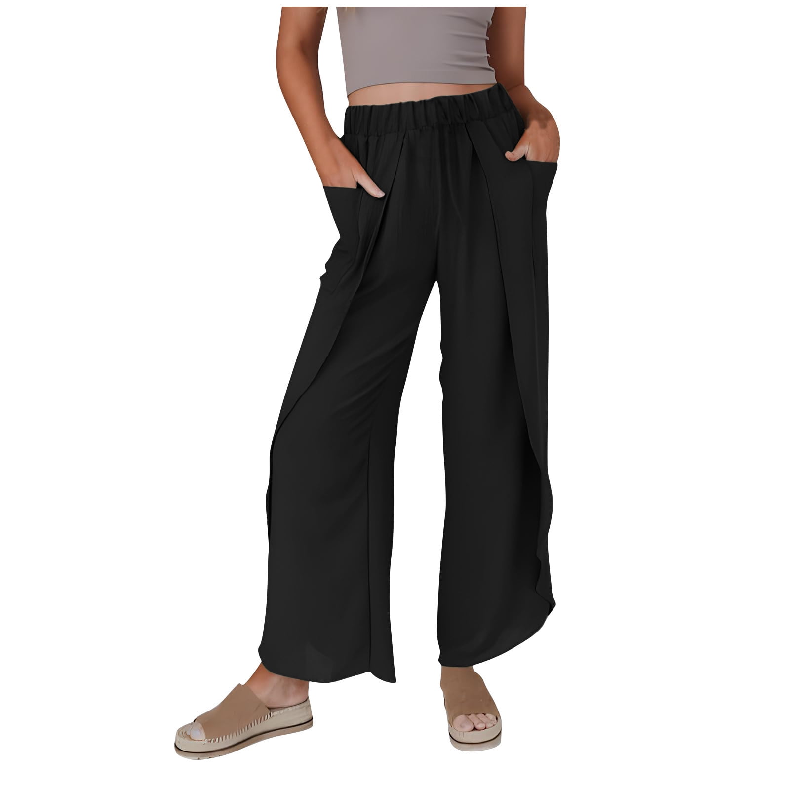Owordtank Women's Yoga Pants Side Slit Ruffle Long Loose Wide Leg Flowy ...