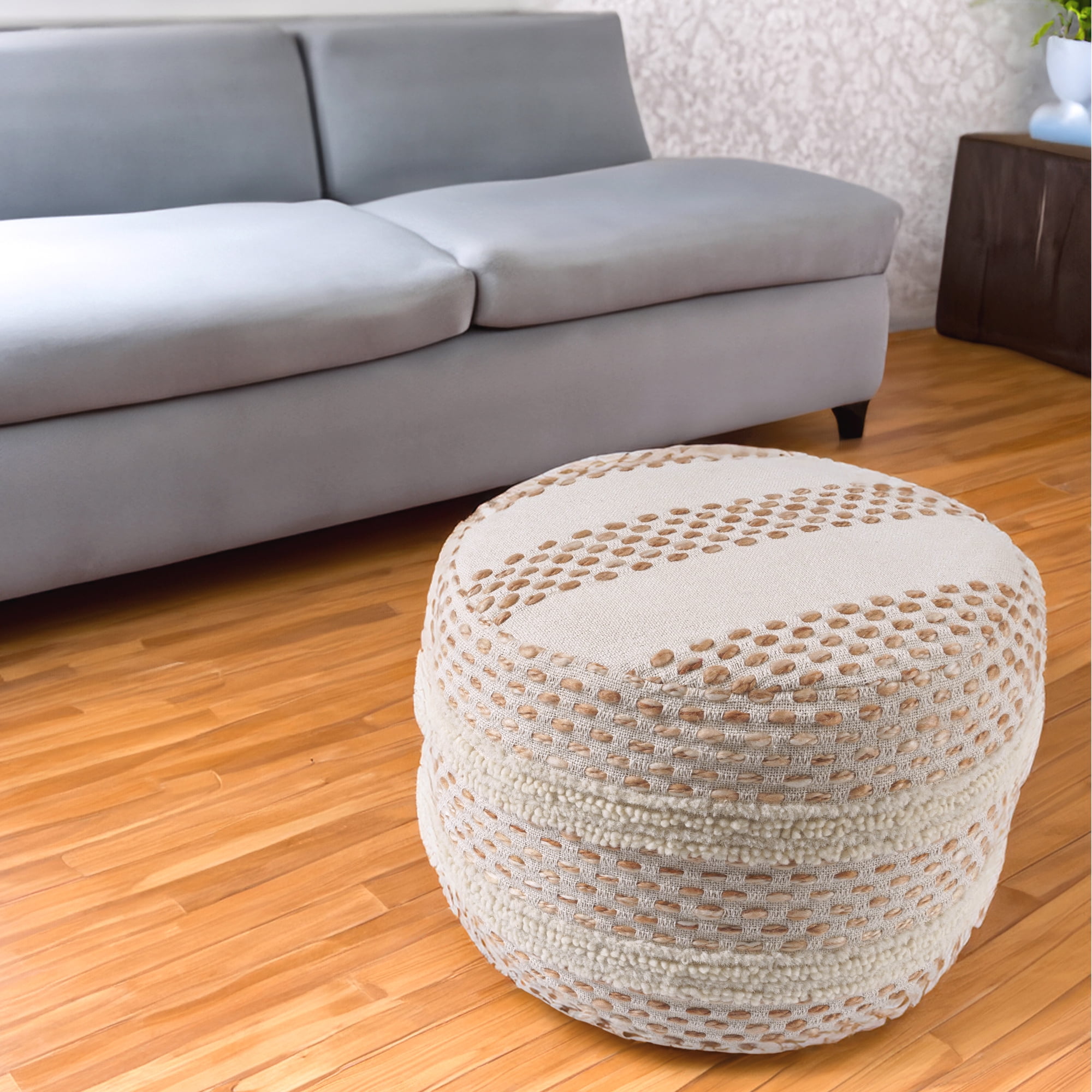 Ox Bay Amadeus Striped Cotton Pouf - White/Adobe - 18 x 18 x 14 ...