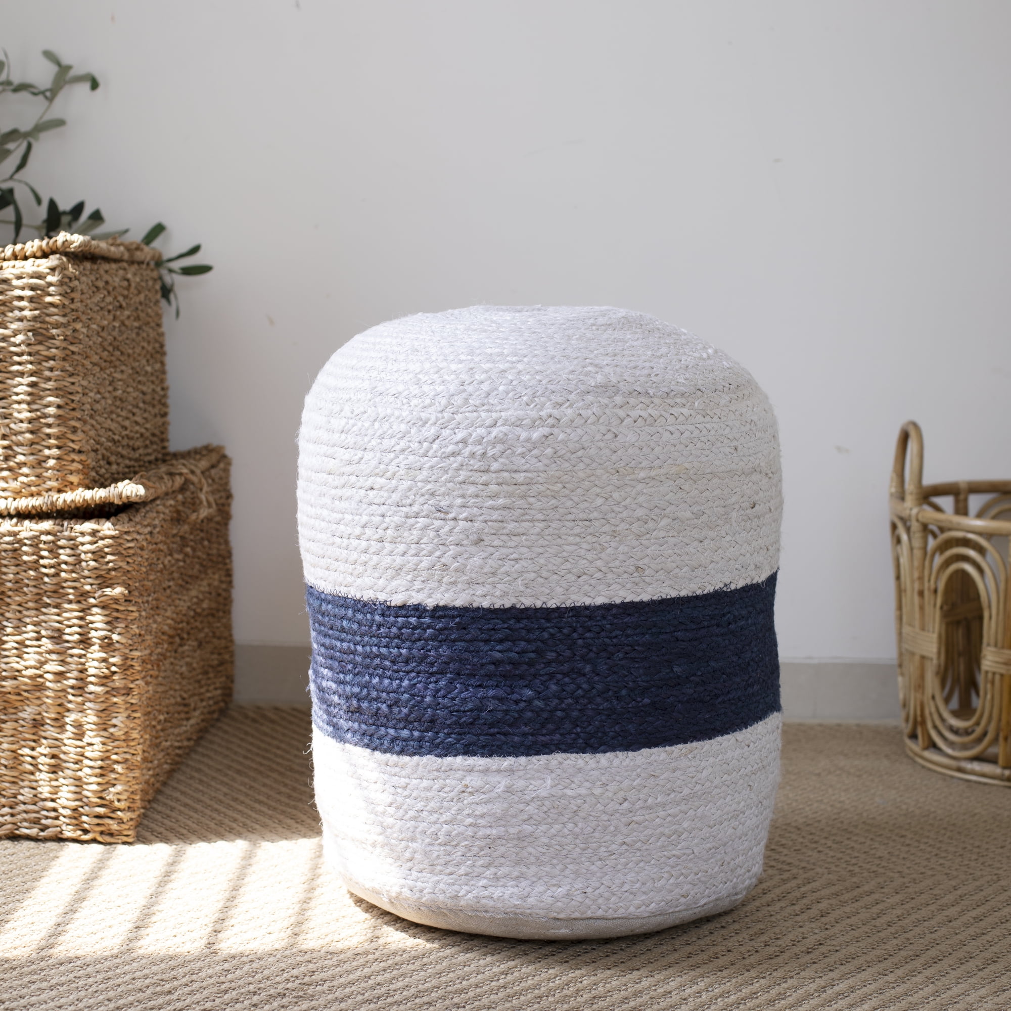 Ox Bay Amanda Striped Nautical Jute Hand-Woven Indoor Ottoman Pouf ...