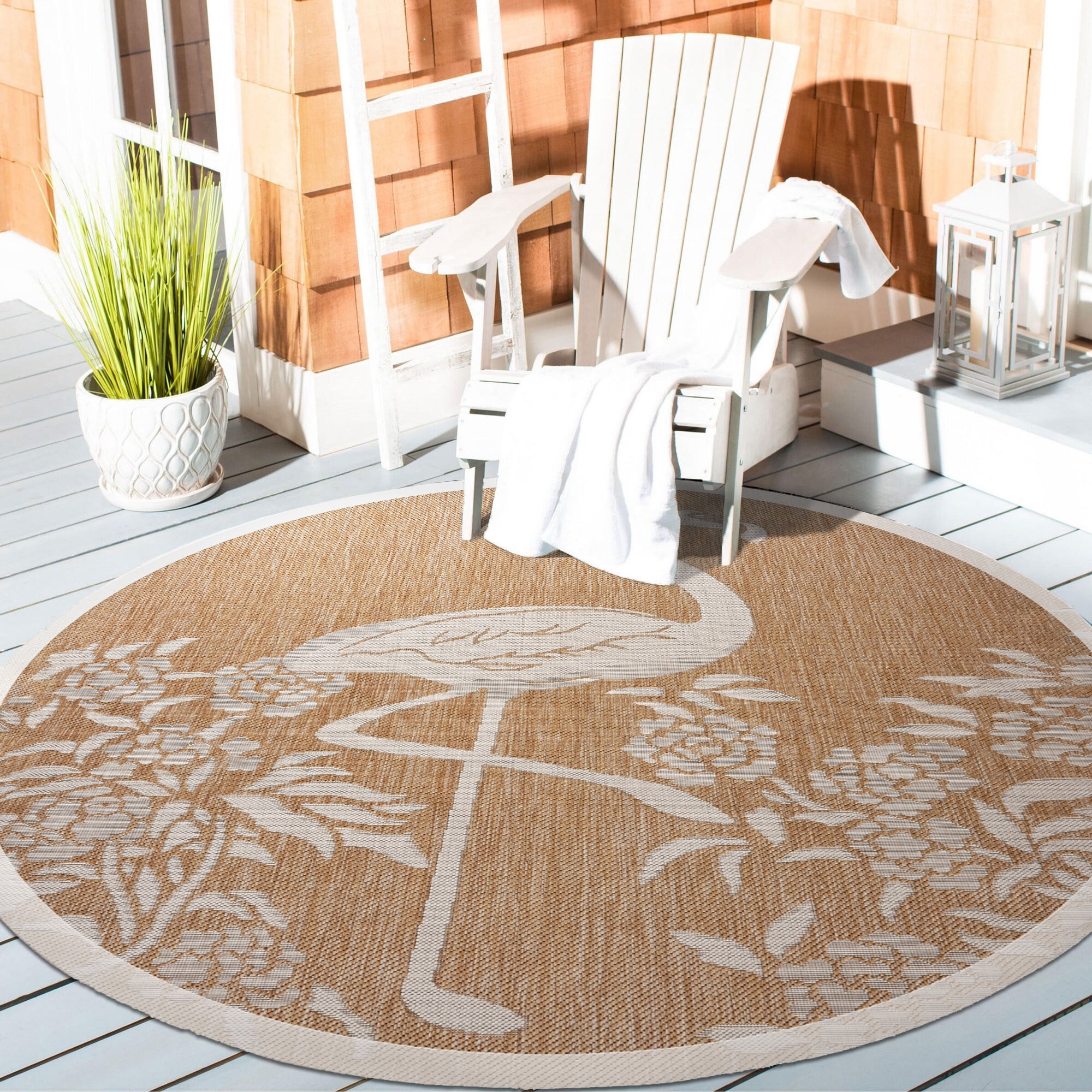 Ox Bay Camila 7'6" Round White/Tan Flamingo Indoor/Outdoor Area Rug ...