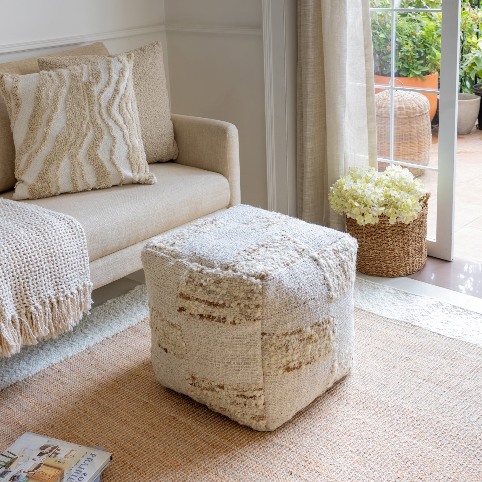 Ox Bay Hayden Square Ivory/Natural Checkered Indoor Pouf Ottoman, 18"H ...