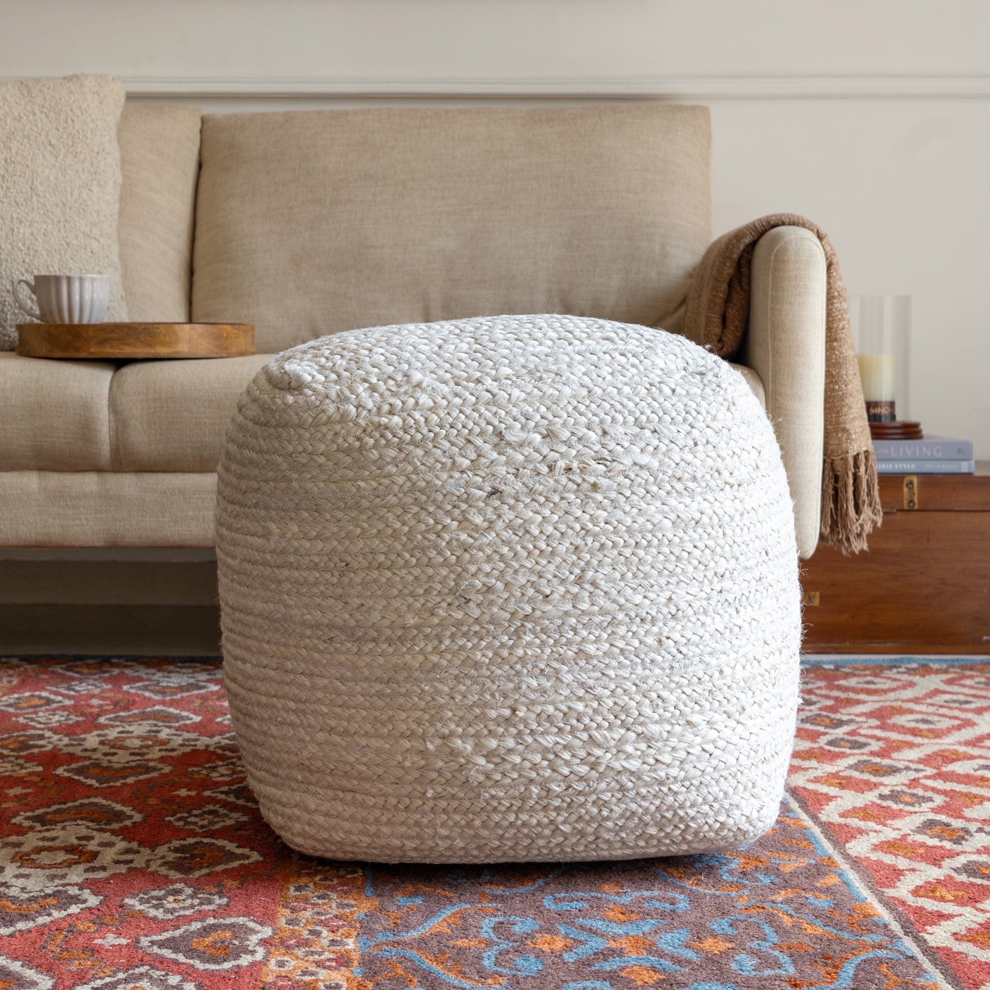 Ox Bay Sage Square Ivory Braided Indoor Pouf Ottoman, 18"H x 18"W ...